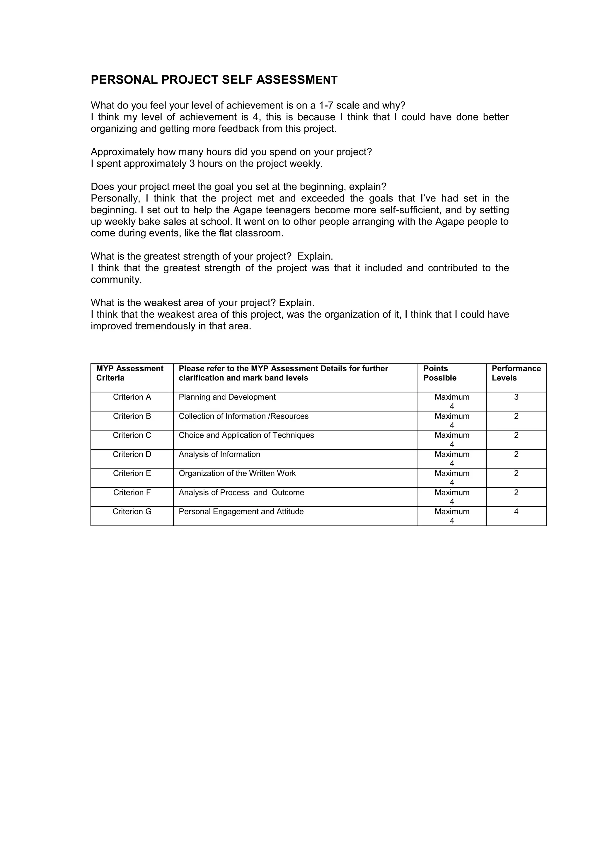 Personal Project Stage 6 Self Assessment | DOCX