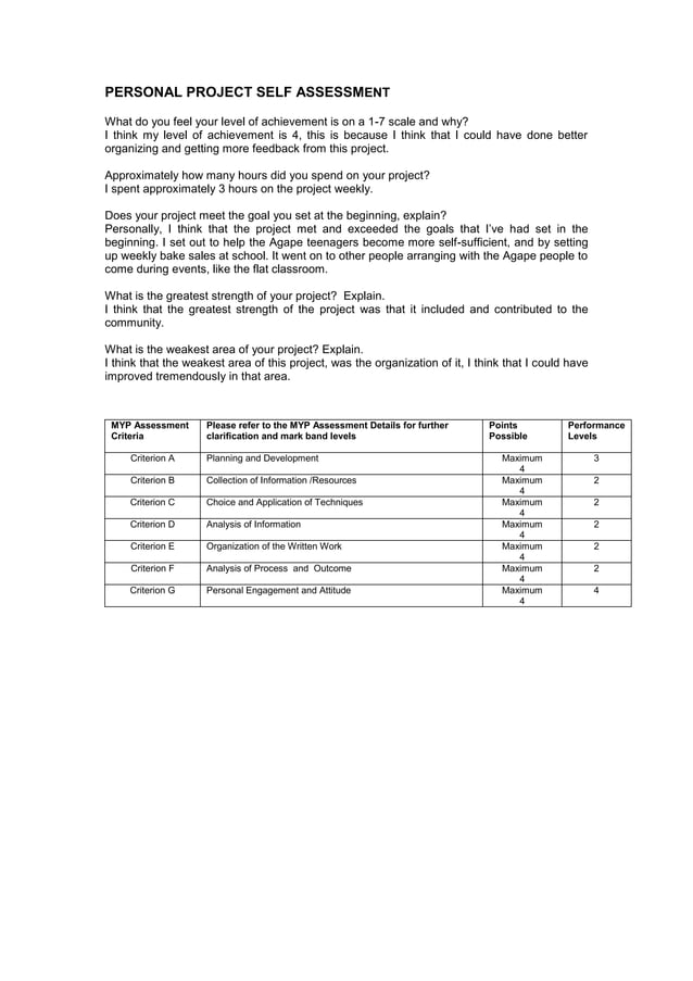 Personal Project Stage 6 Self Assessment | DOCX | Arts and Crafts ...