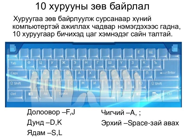 компьютер дээр зөв суух 10 хурууны зөв байрлал