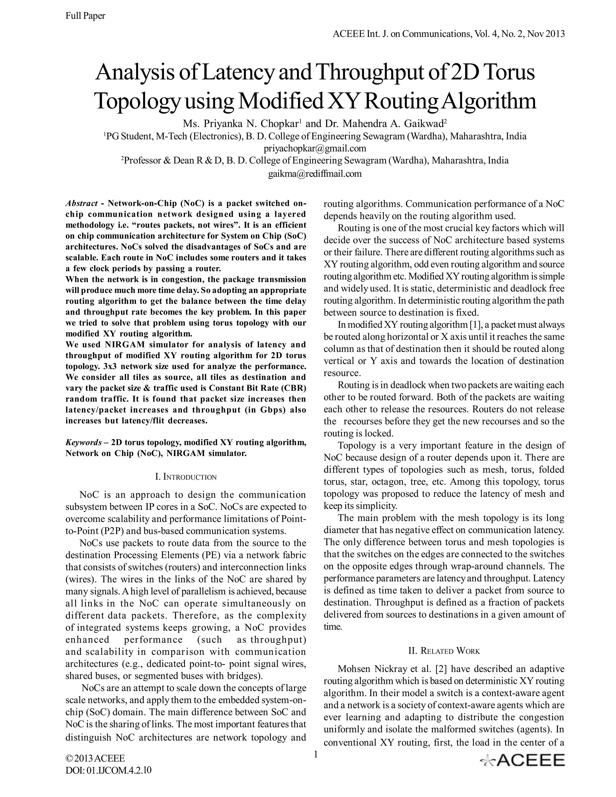 Analysis of Latency and Throughput of 2D Torus Topology using Modified XY Routing Algorithm | PDF