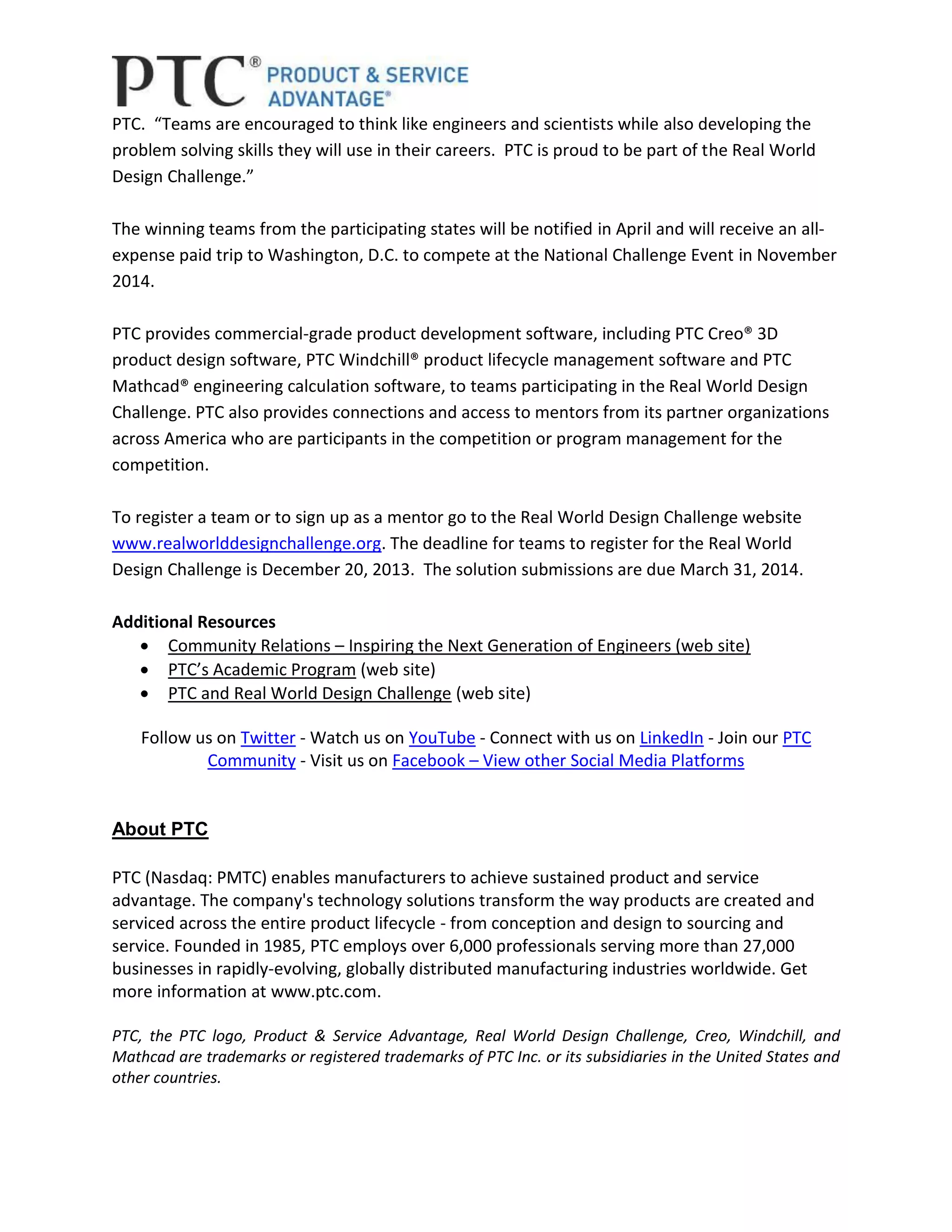 PTC Continues Commitment to Shared Value with Support for 2013-2014 Real World Design Challenge ...