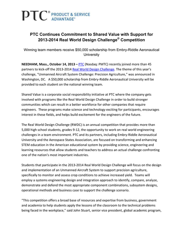 PTC Continues Commitment to Shared Value with Support for 2013-2014 Real World Design Challenge ...