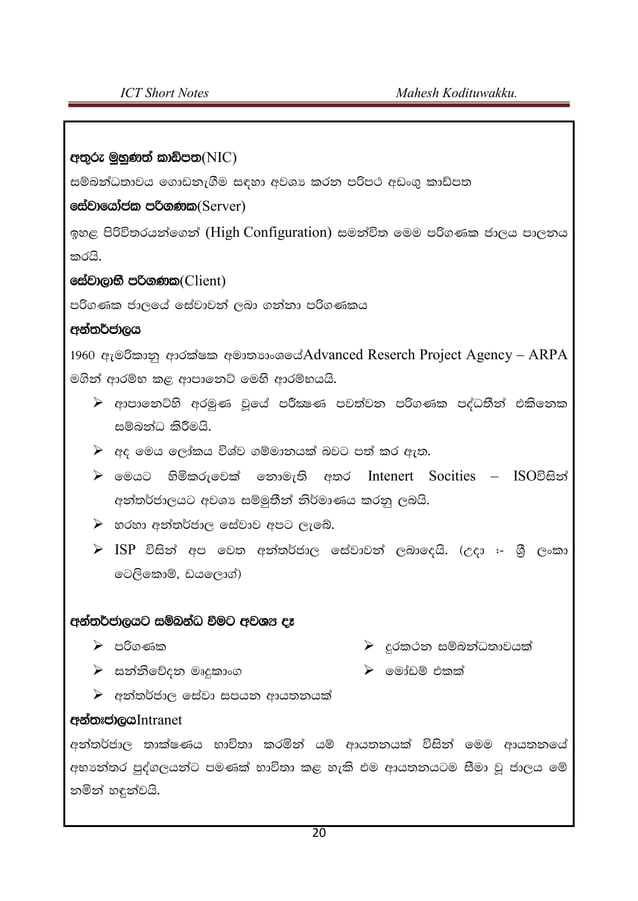 Grade 10 ICT Short Notes in Sinhala(2015) | PDF