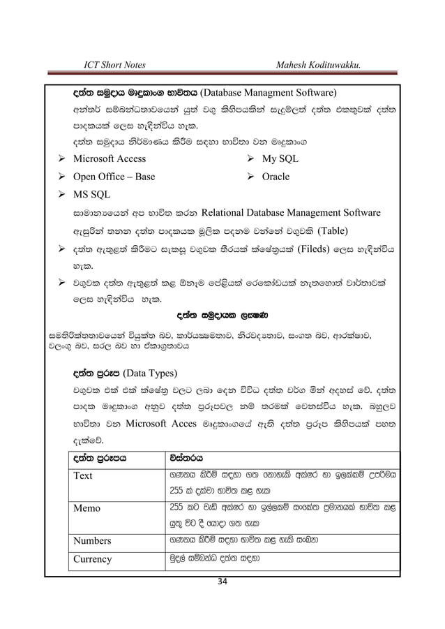 Grade 10 ICT Short Notes in Sinhala(2015) | PDF