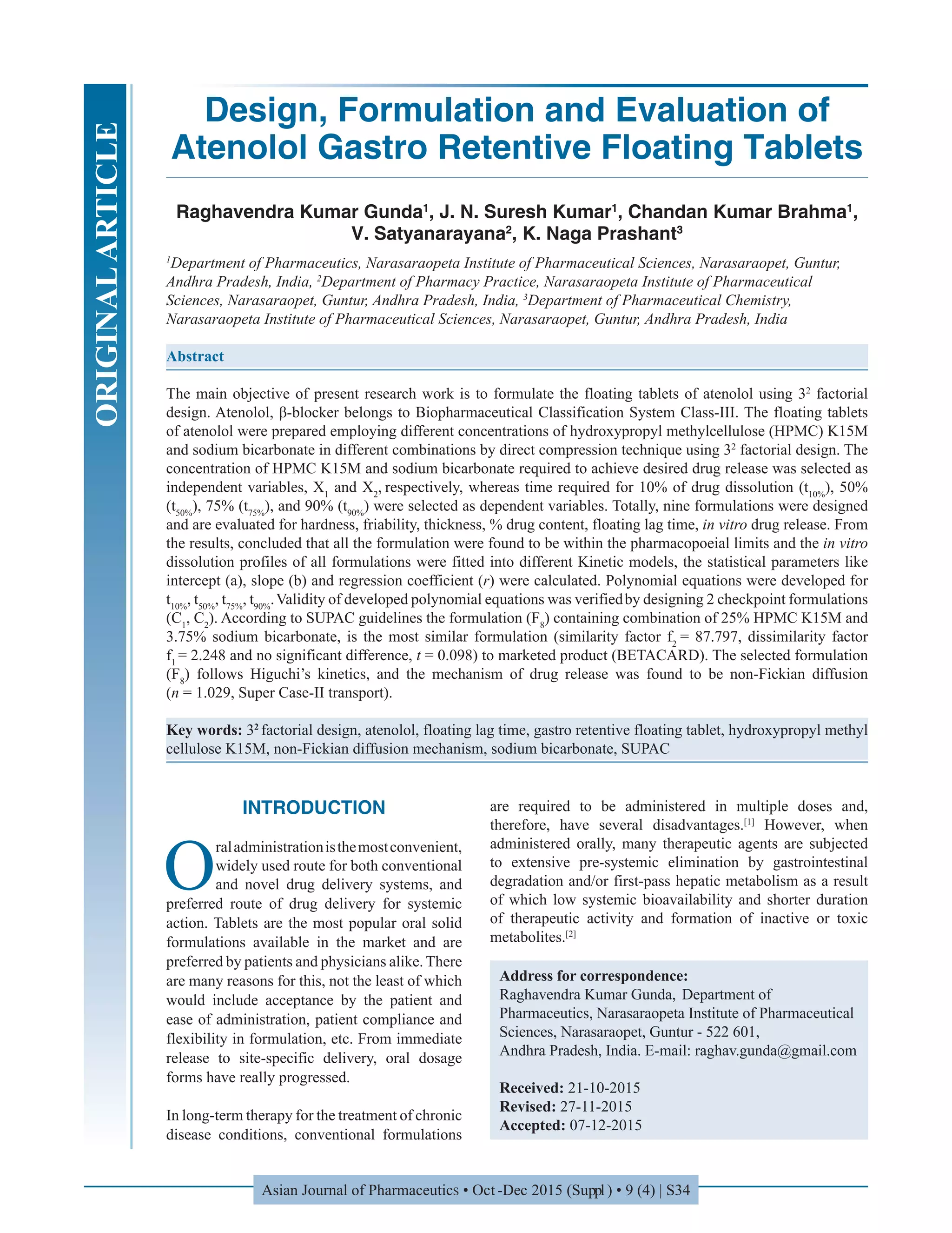 Design Formulation And Evaluation Of Atenolol Gastro Retentive Floating Tablets Pdf