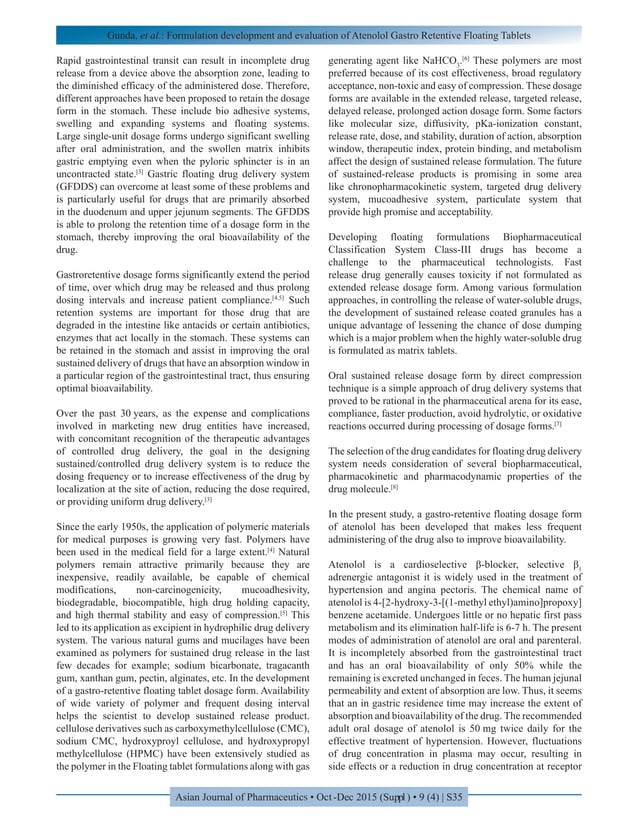 Design Formulation And Evaluation Of Atenolol Gastro Retentive Floating Tablets Pdf