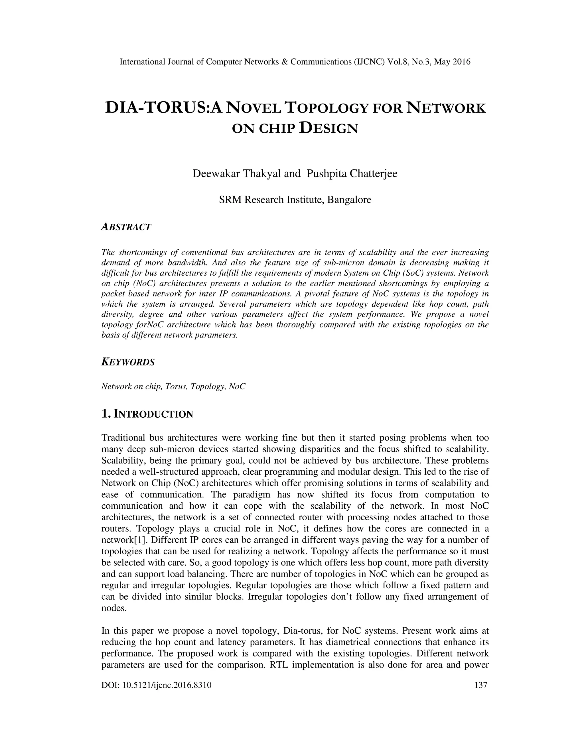 DIA-TORUS:A NOVEL TOPOLOGY FOR NETWORK ON CHIP DESIGN | PDF | Computer Networking | Computing