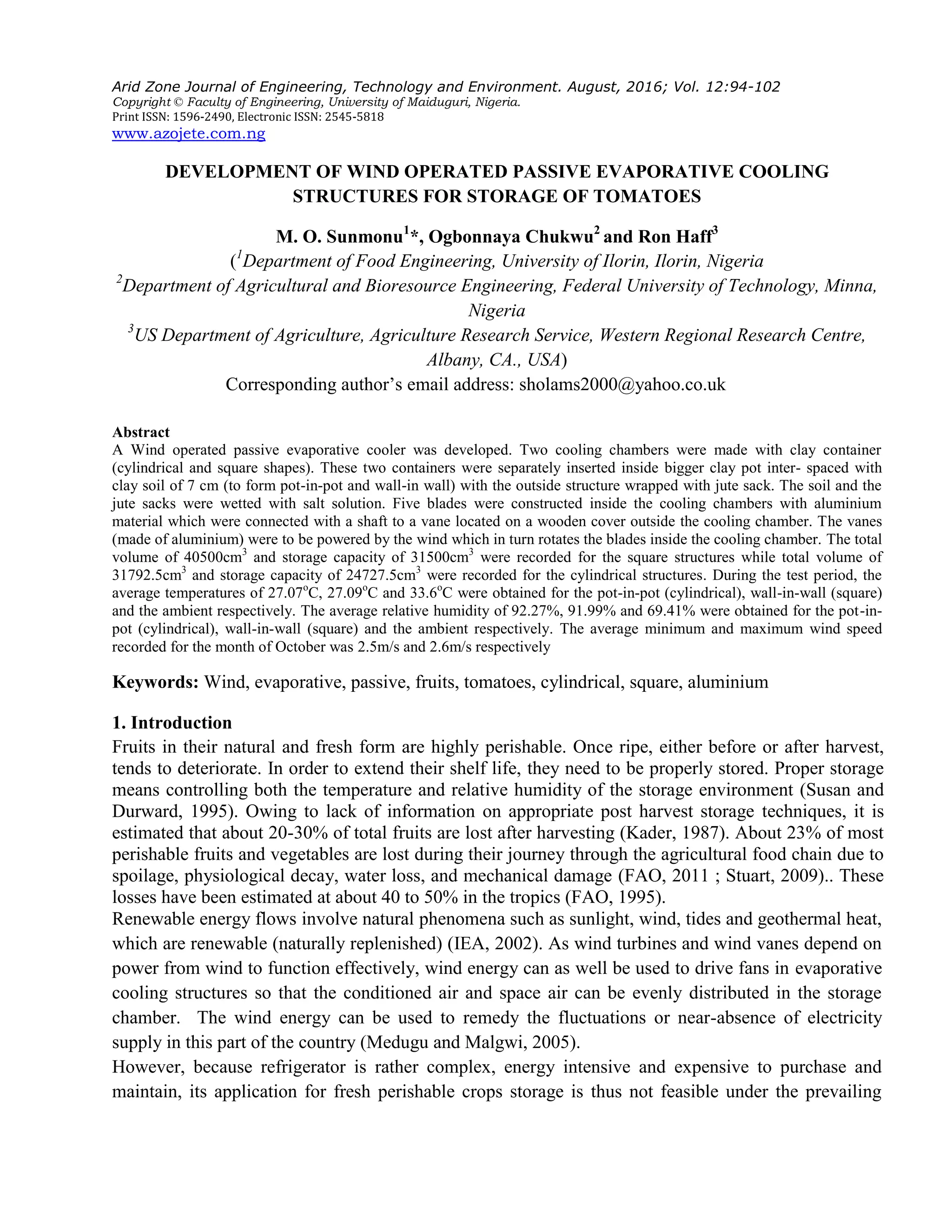 Development of Wind Operated Passive Evaporative Cooling Structures for ...