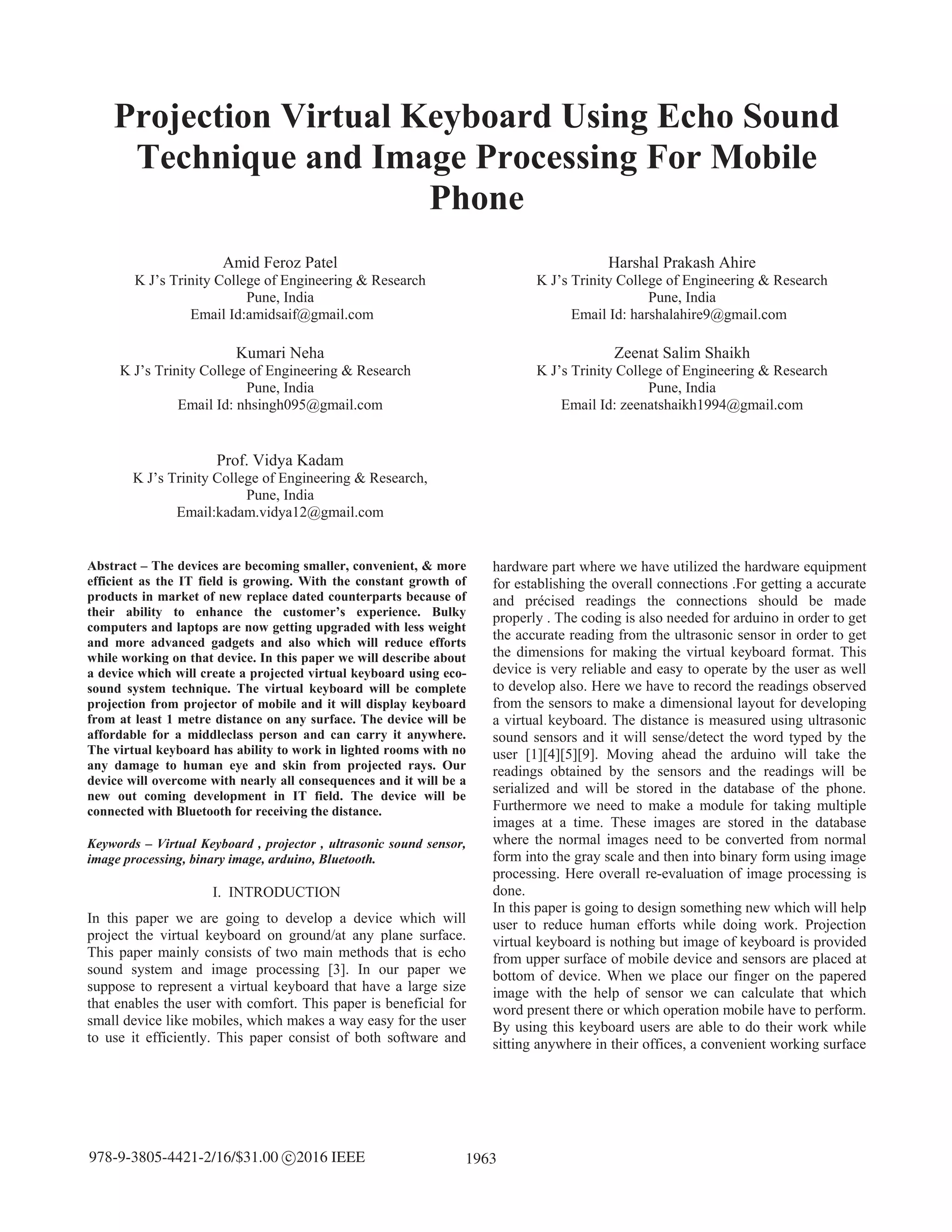 Projection Virtual Keyboard Using Echo Sound Technique and Image Processing For Mobile Phone | PDF