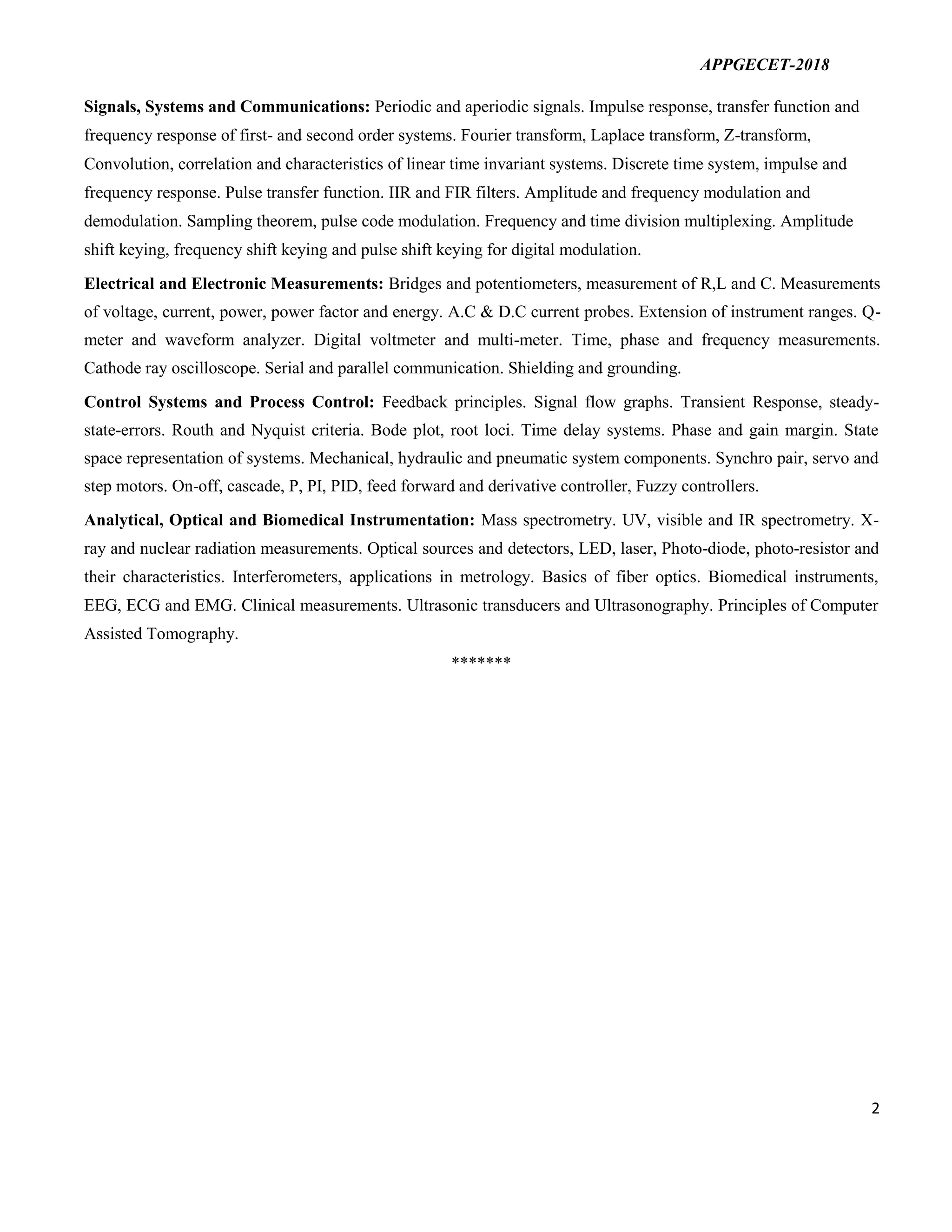 AP PGECET Instrumentation Engineering 2018 Syllabus | PDF