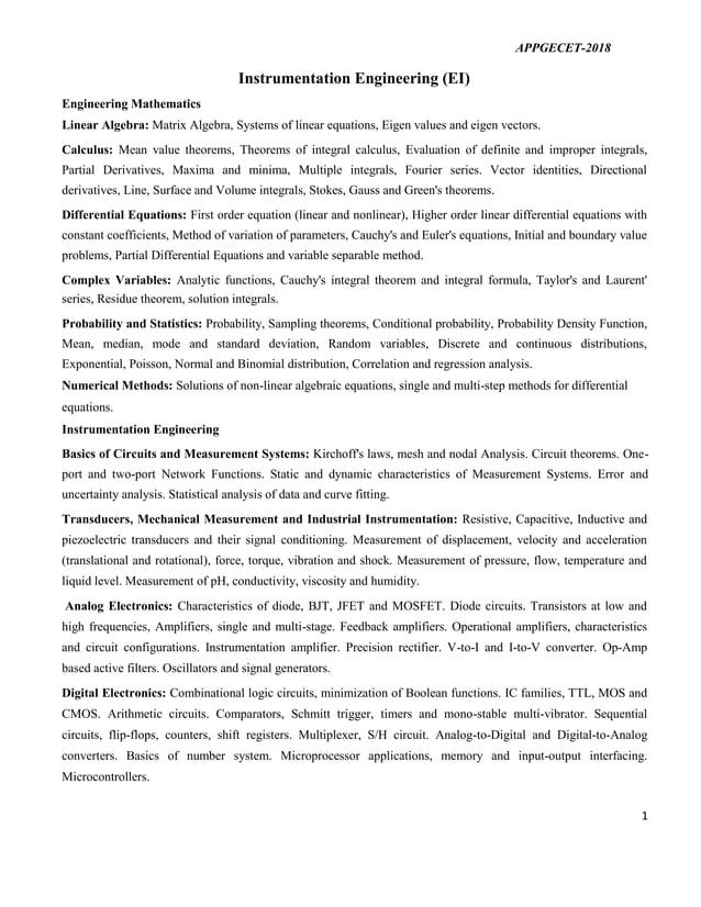 AP PGECET Instrumentation Engineering 2018 Syllabus | PDF