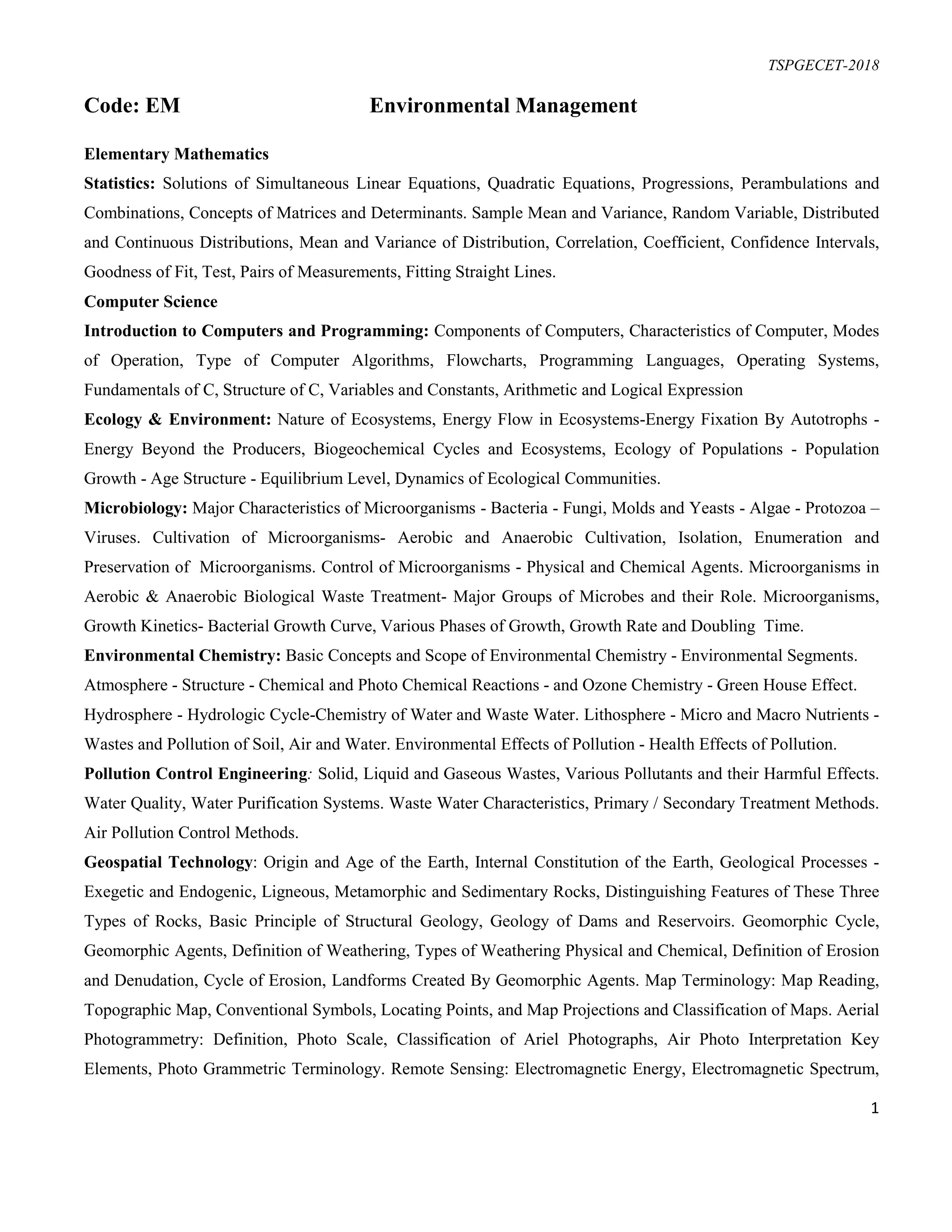 TS PGECET Environmental 2018 Syllabus | PDF