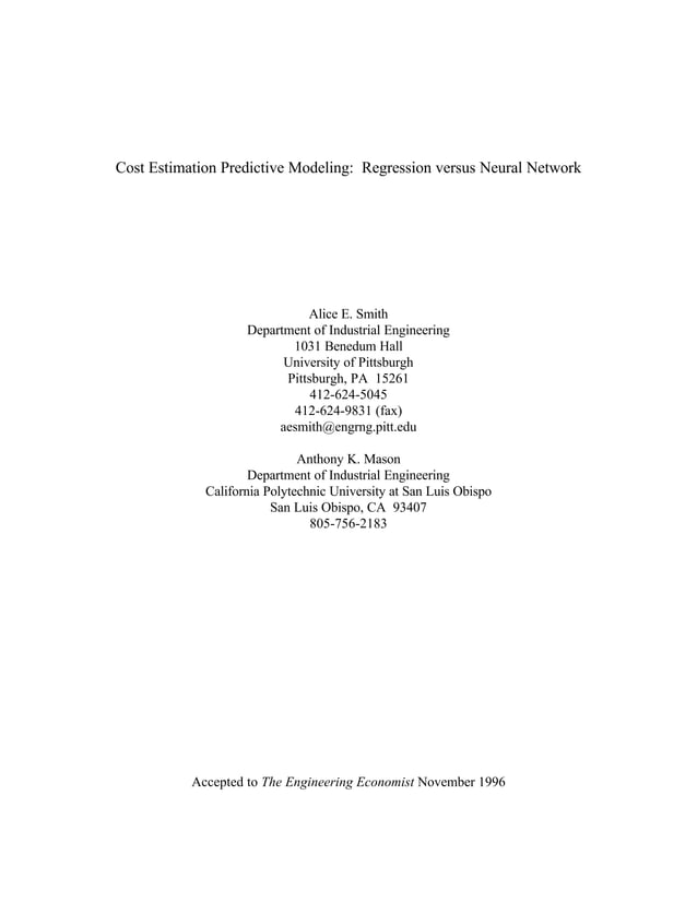 Cost Estimation Predictive Modeling Regression Versus Neural Network Pdf