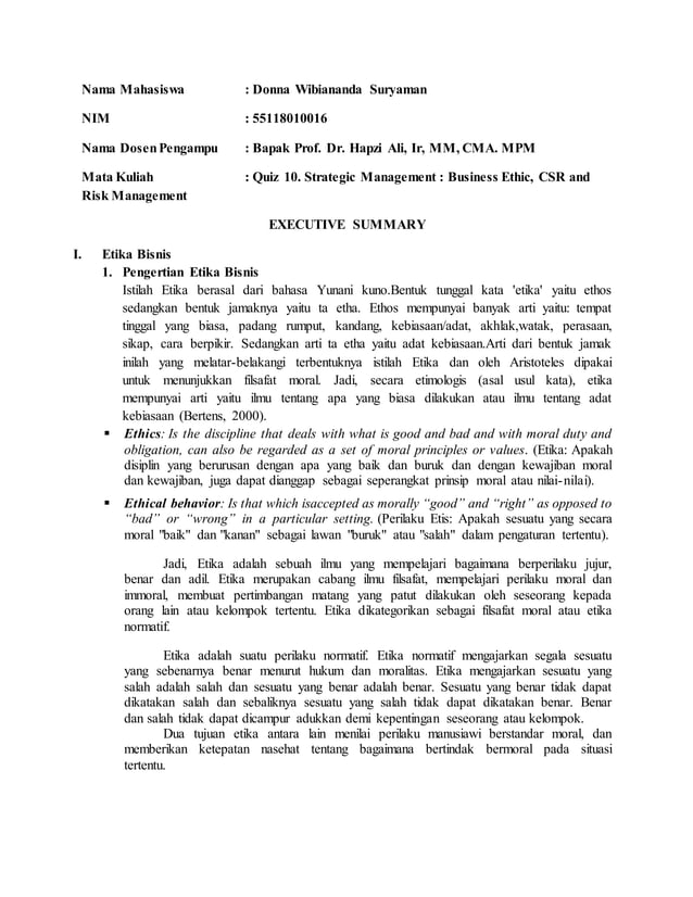 Business Ethic Csr Risk management. Universitas Mercu Buana. 2019 | PDF