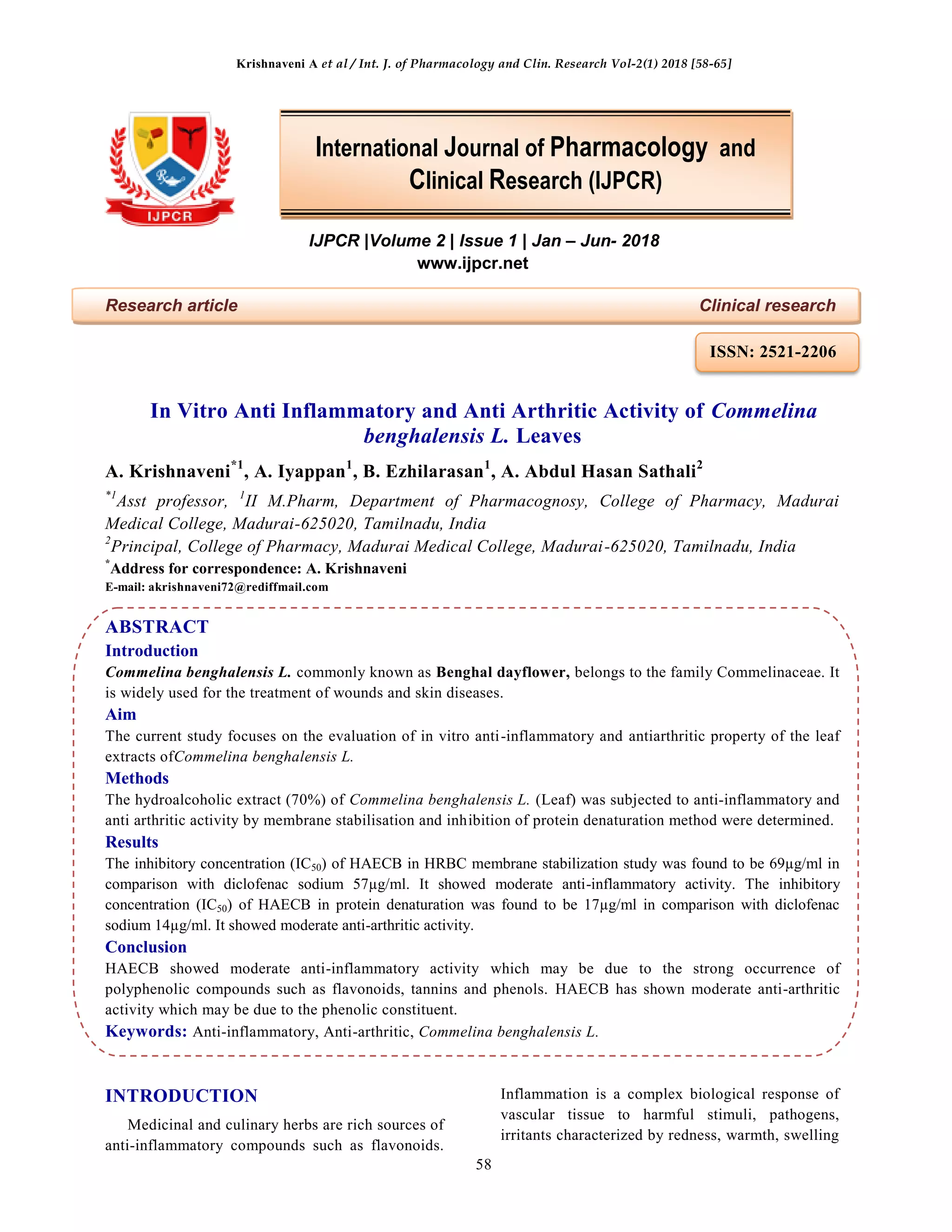 In Vitro Anti Inflammatory and Anti Arthritic Activity of Commelina ...