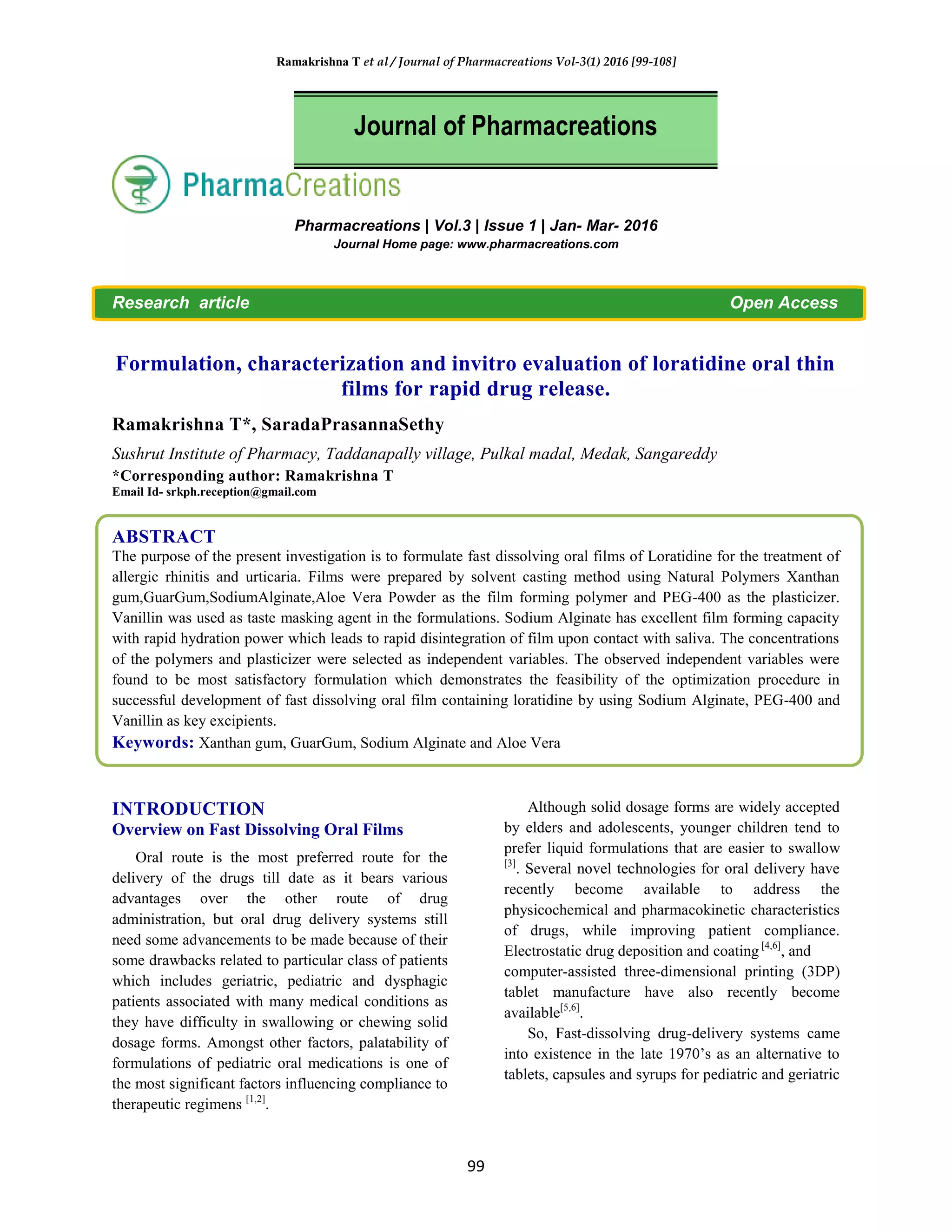 Formulation, characterization and invitro evaluation of loratidine oral thin films for rapid ...