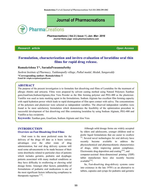 Formulation, characterization and invitro evaluation of loratidine oral thin films for rapid ...