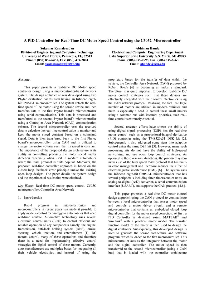 A PID Controller for Real-Time DC Motor Speed Control using the C505C Microcontroller | PDF