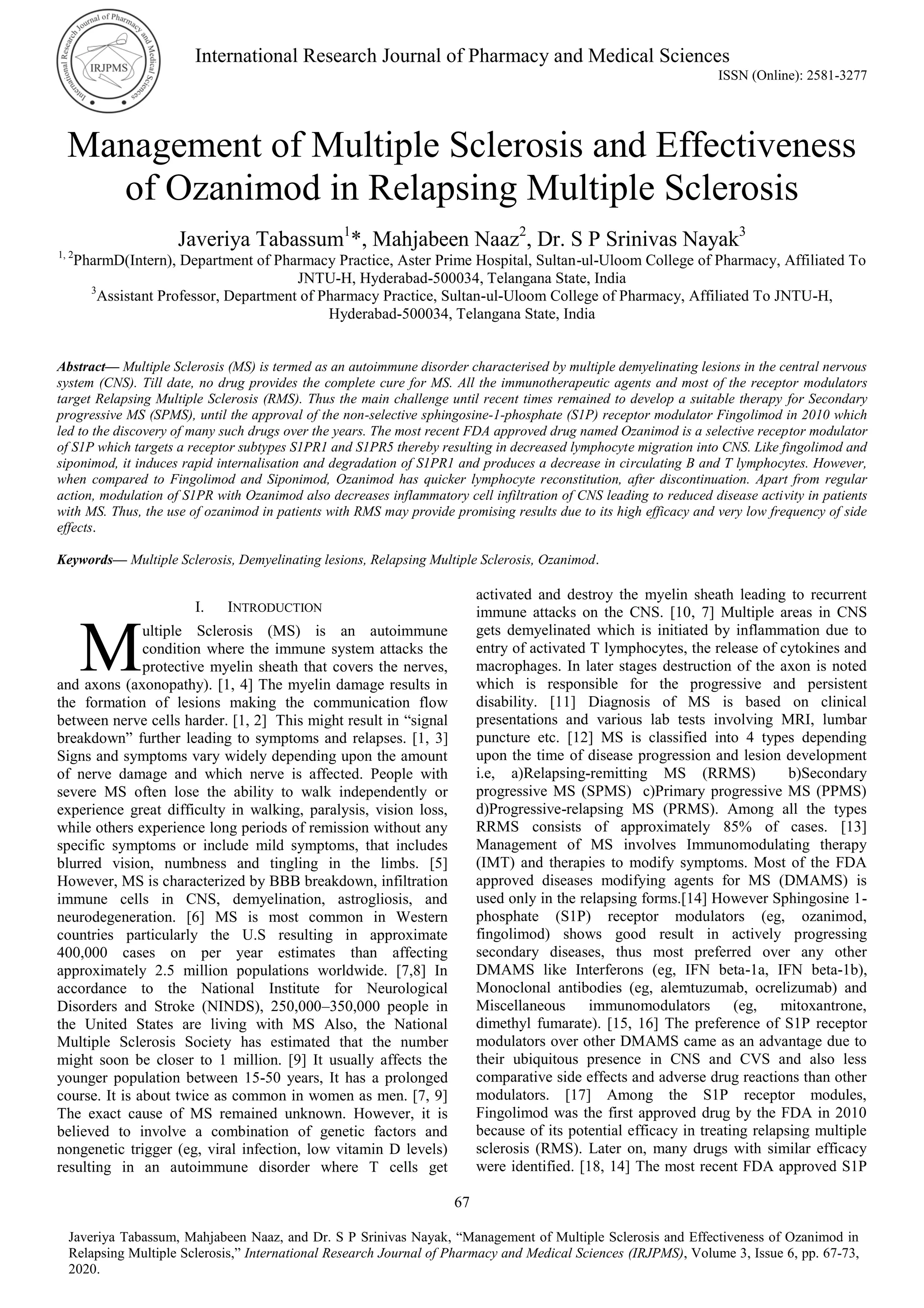 management of Multiple Sclerosis and Effectiveness of Ozanimod in ...