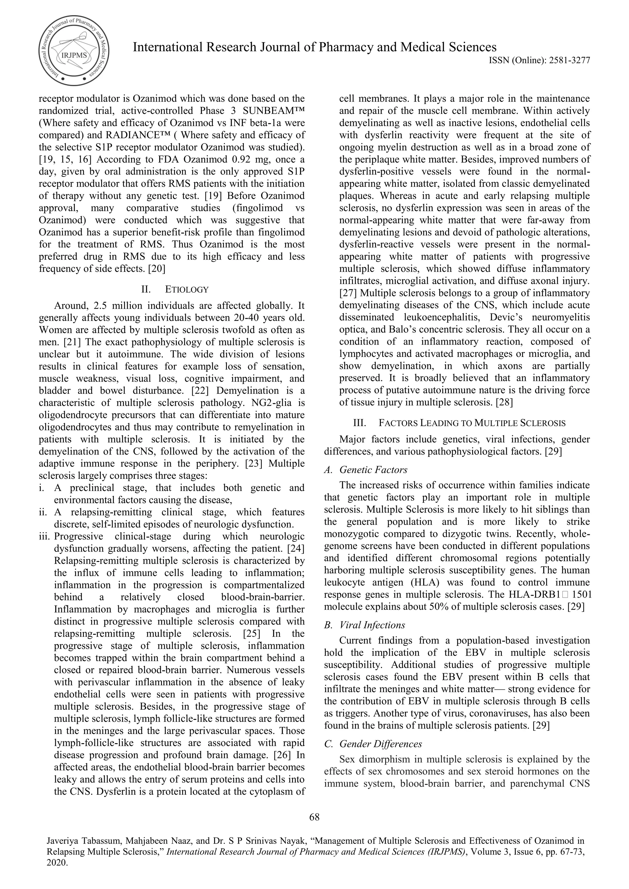 management of Multiple Sclerosis and Effectiveness of Ozanimod in ...