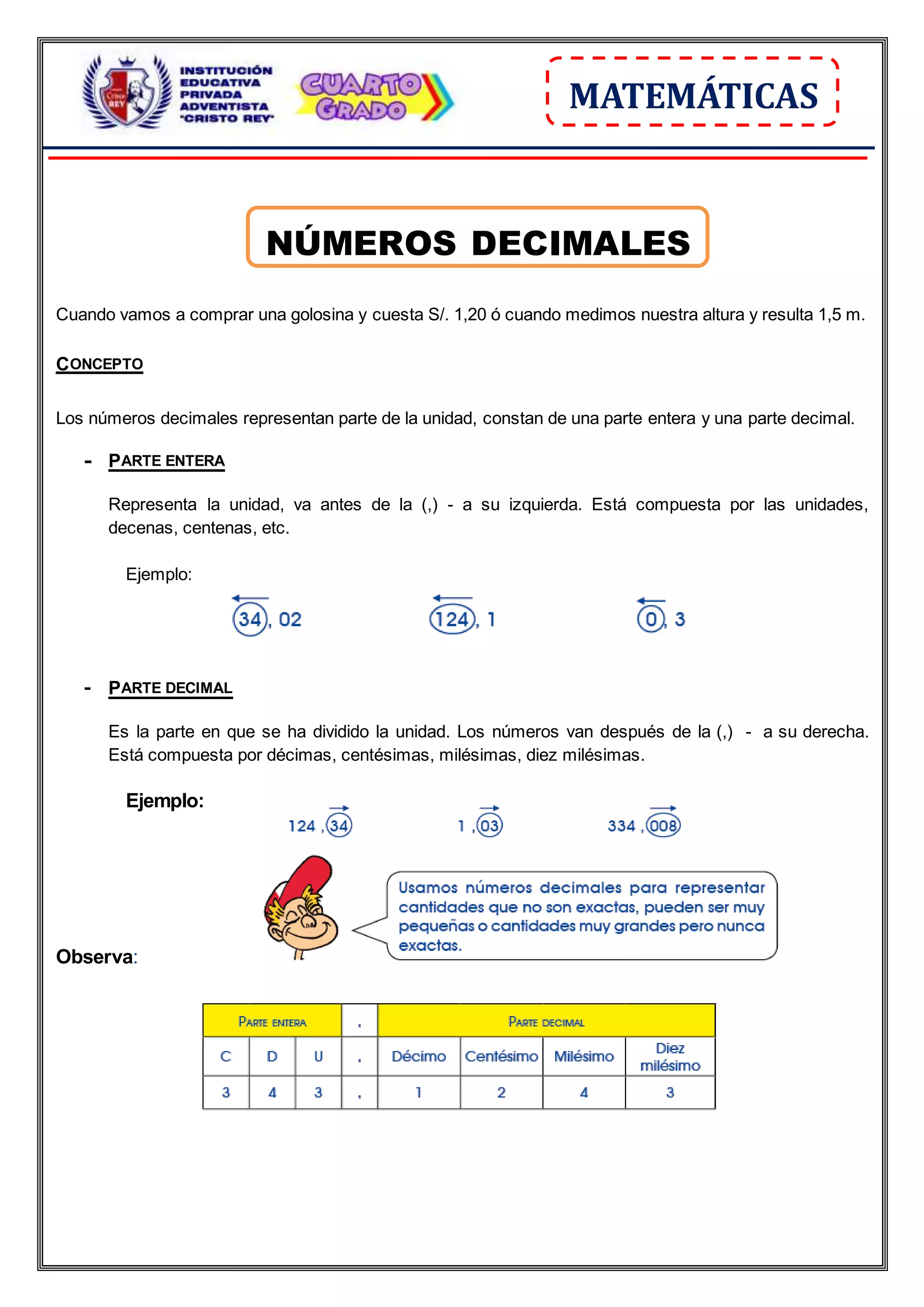números decimales-para-cuarto-grado-de-primaria | DOC
