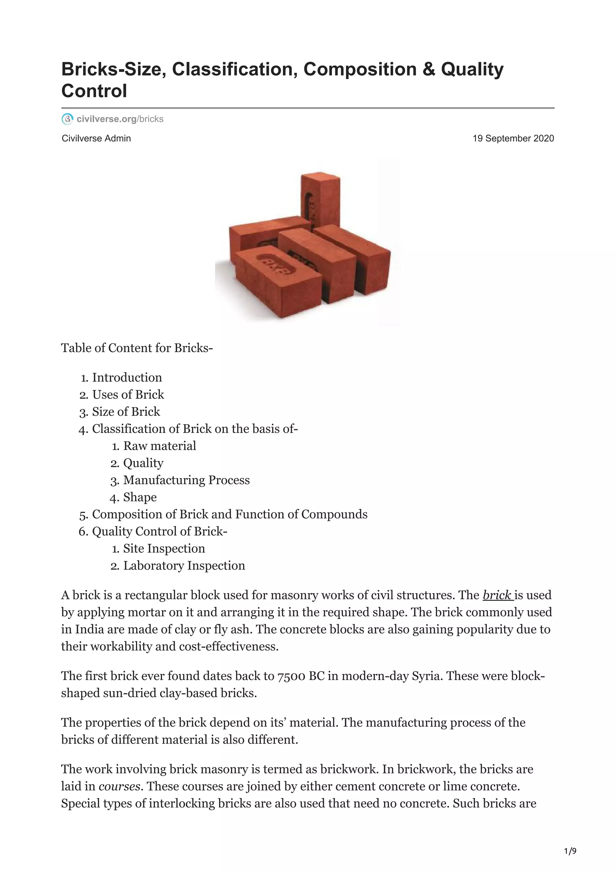 Bricks- Size, Classification, Composition & Quality Control | PDF