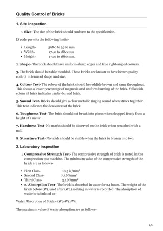 Bricks- Size, Classification, Composition & Quality Control | PDF