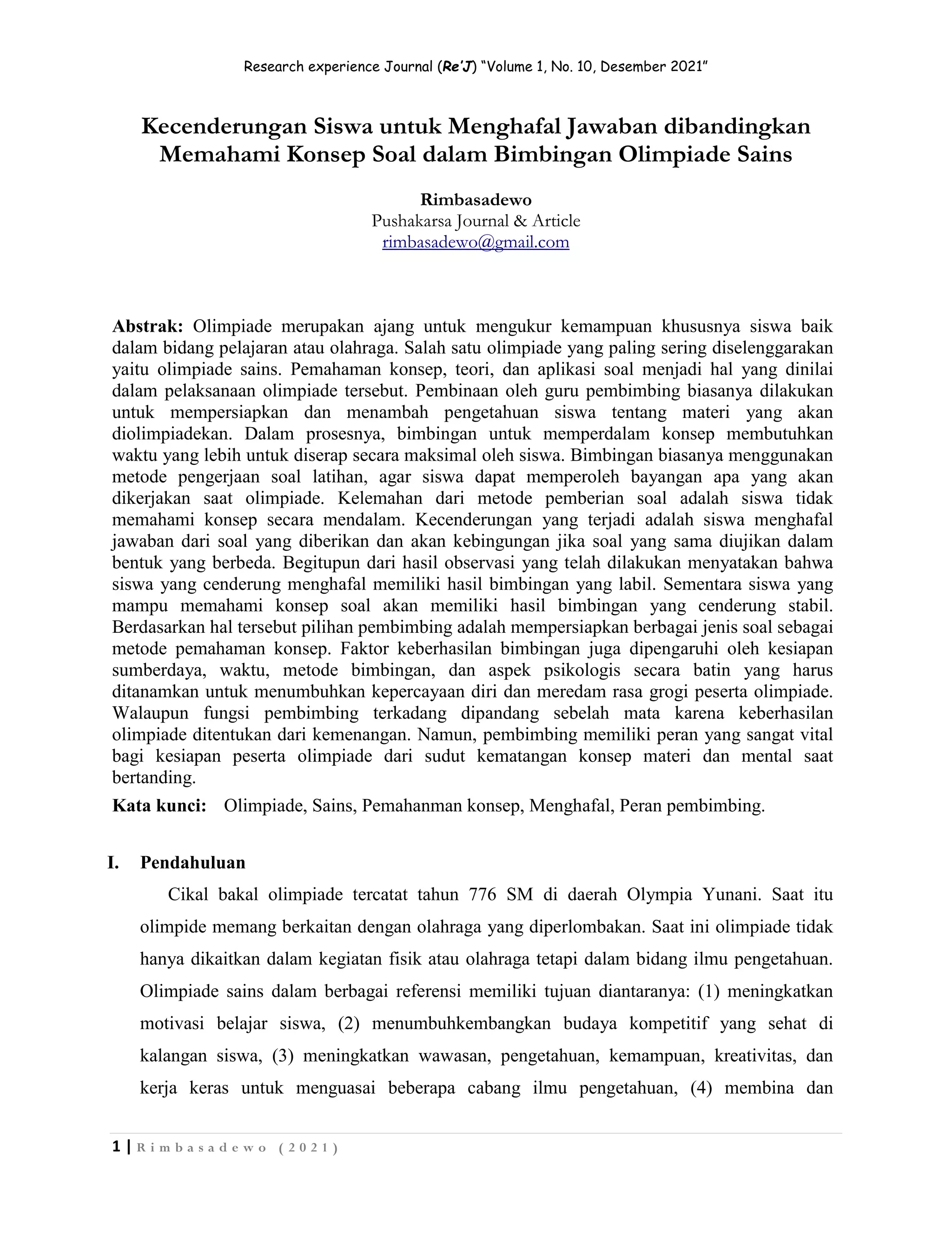 rimbasadewo experience journal re'j vol.1 kecenderungan siswa untuk menghafal jawaban ...