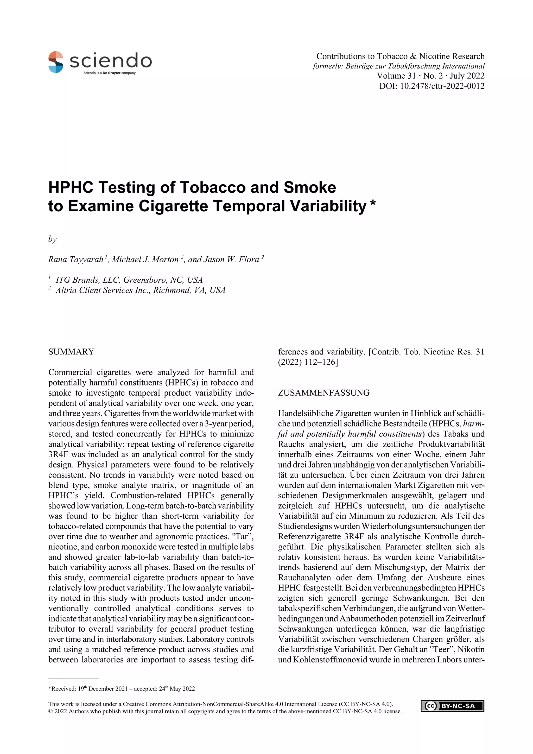 HPHC Testing of Tobacco and Smoke to Examine Cigarette Temporal ...