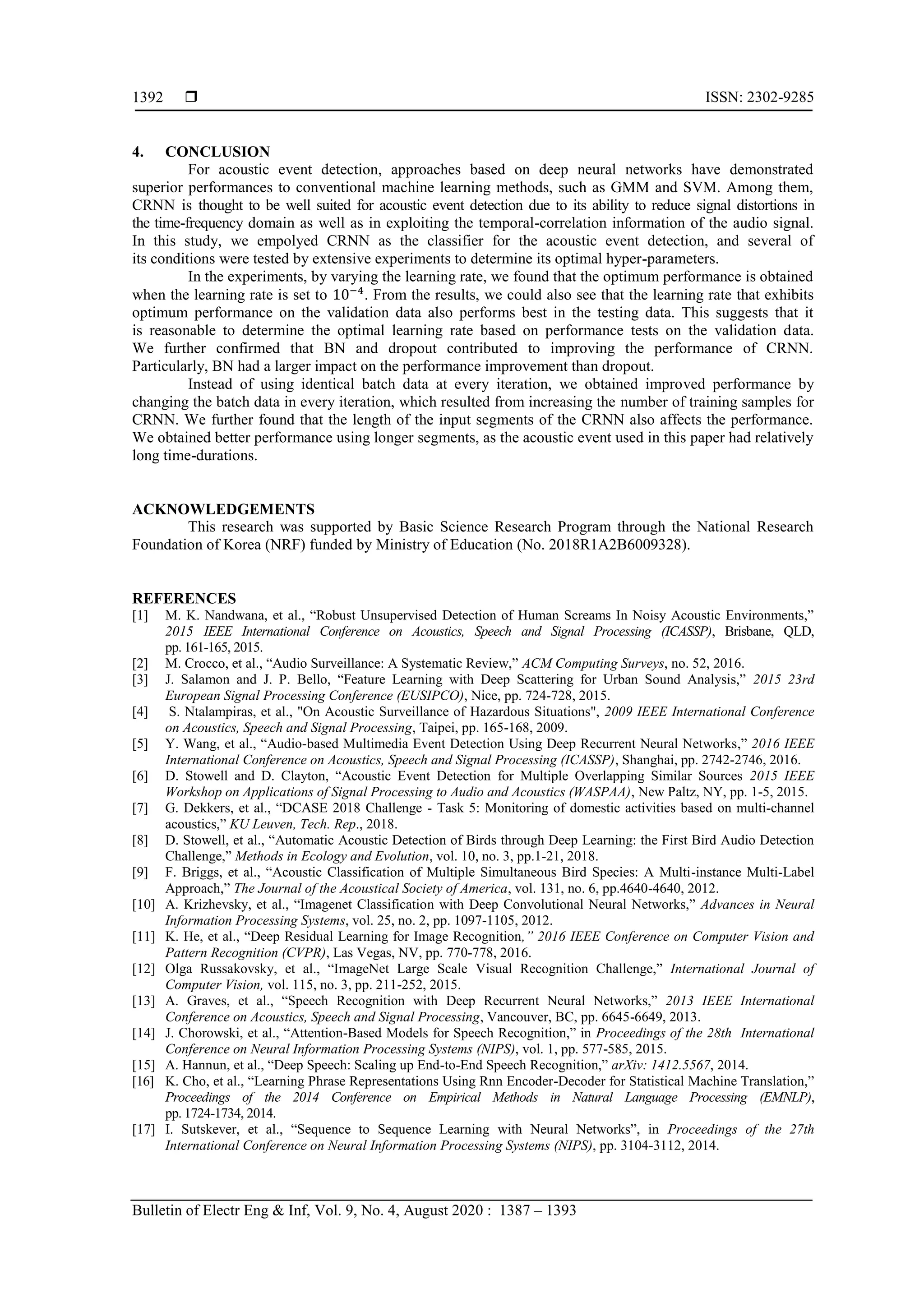 Performance analysis of the convolutional recurrent neural network on acoustic event detection ...