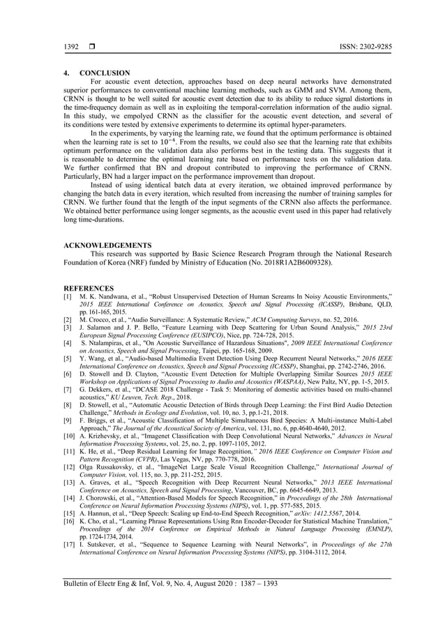 Performance analysis of the convolutional recurrent neural network on acoustic event detection ...