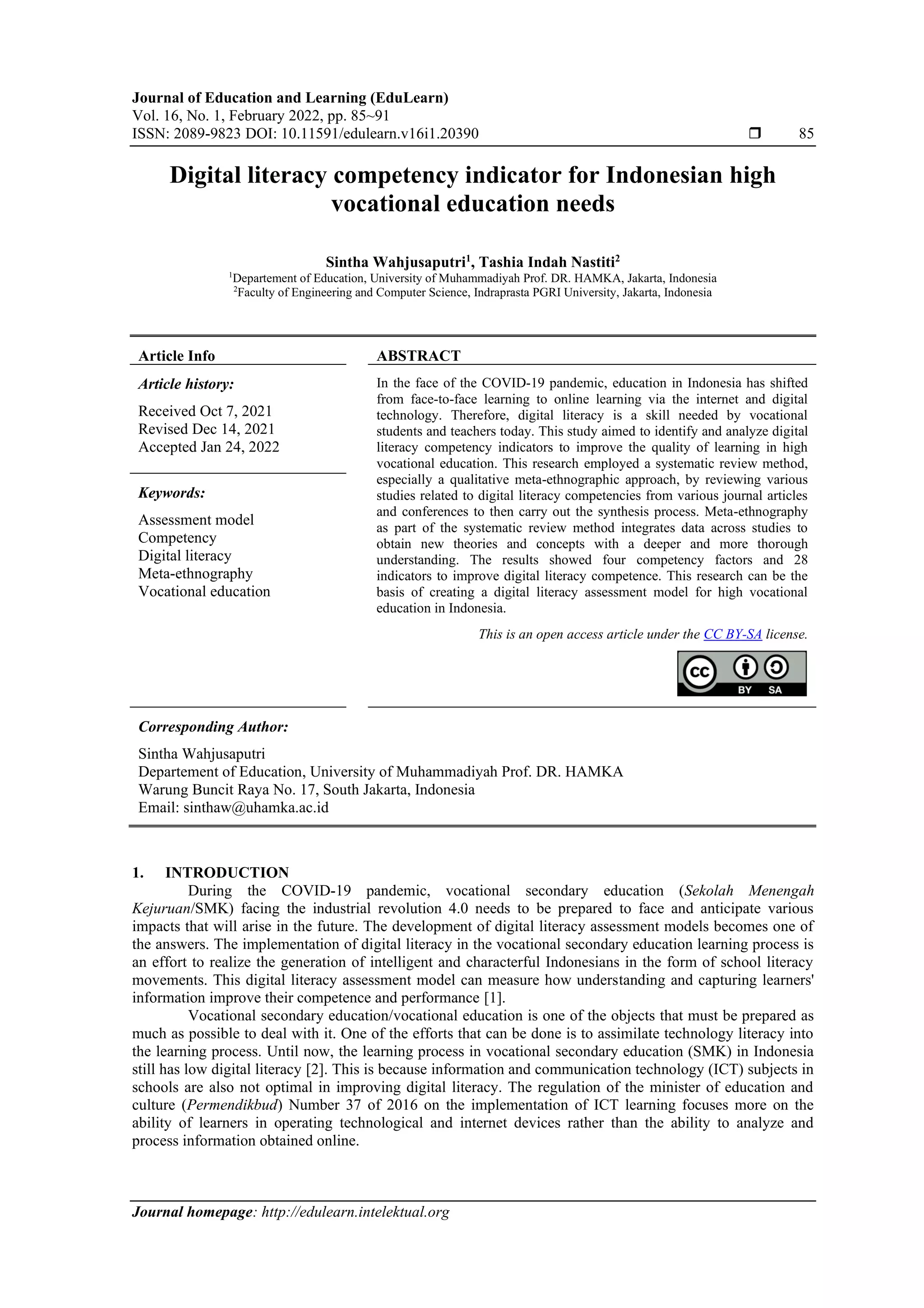 Digital literacy competency indicator for Indonesian high vocational education needs | PDF