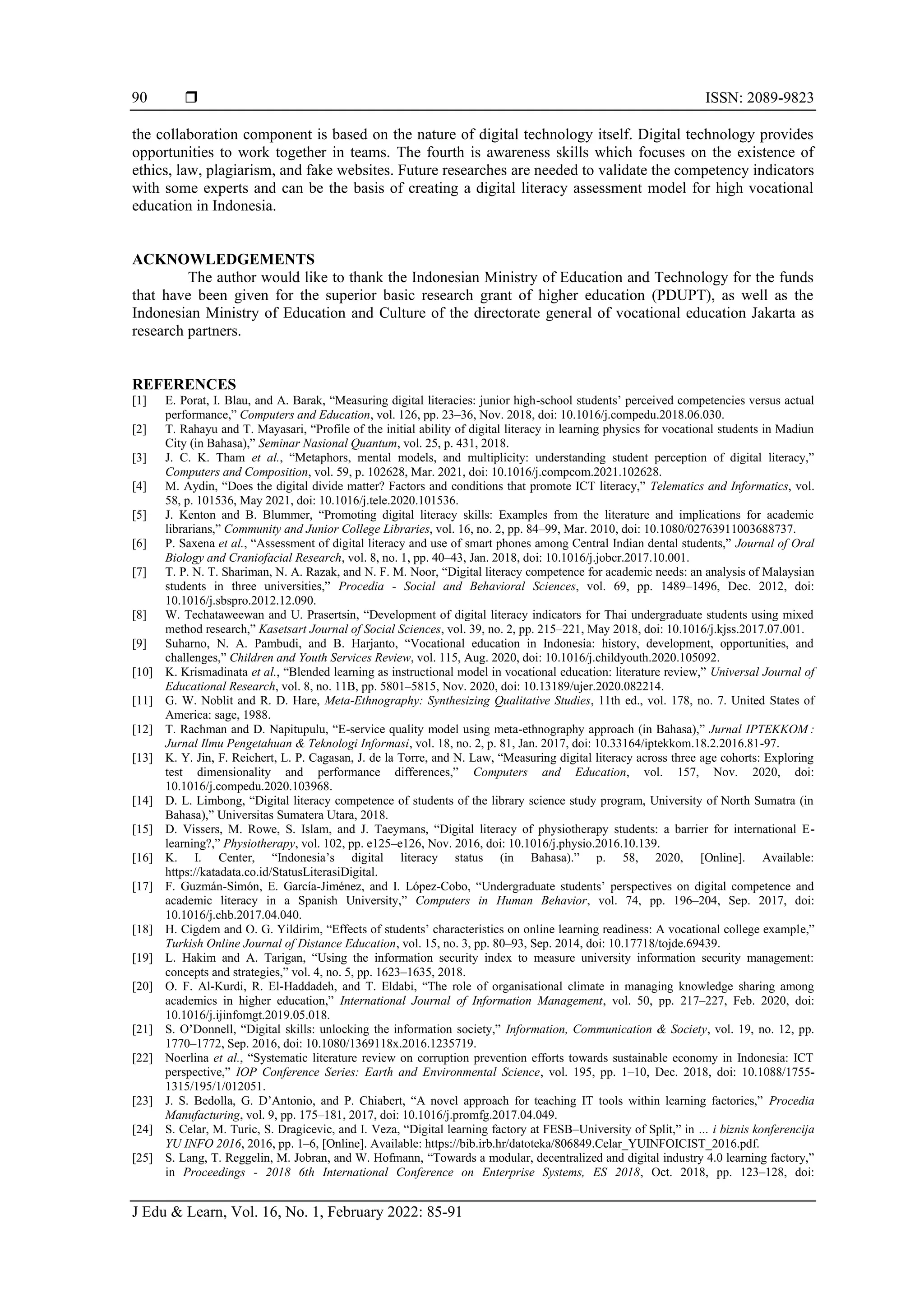 Digital literacy competency indicator for Indonesian high vocational ...