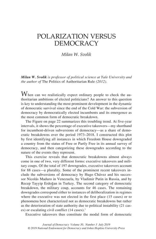 Polarization versus Democracy. Svolik, Milan. | PDF