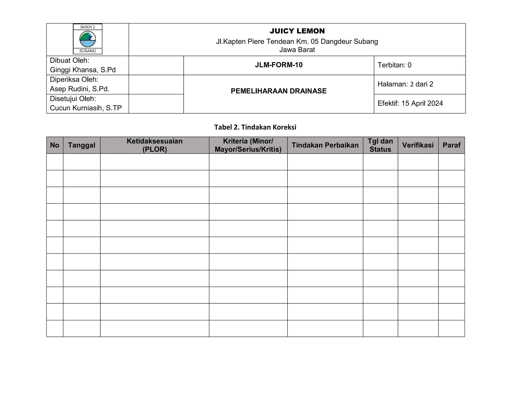 form pemeliharaan drainase untuk pengajuan BPOM | PDF