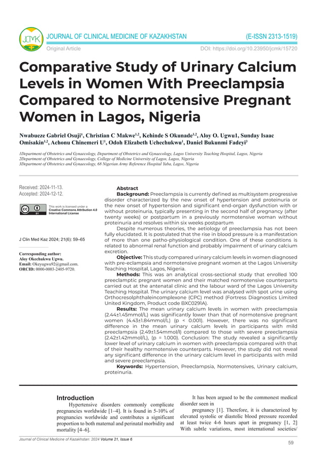 Comparative Study of Urinary Calcium Levels in Women With Preeclampsia ...