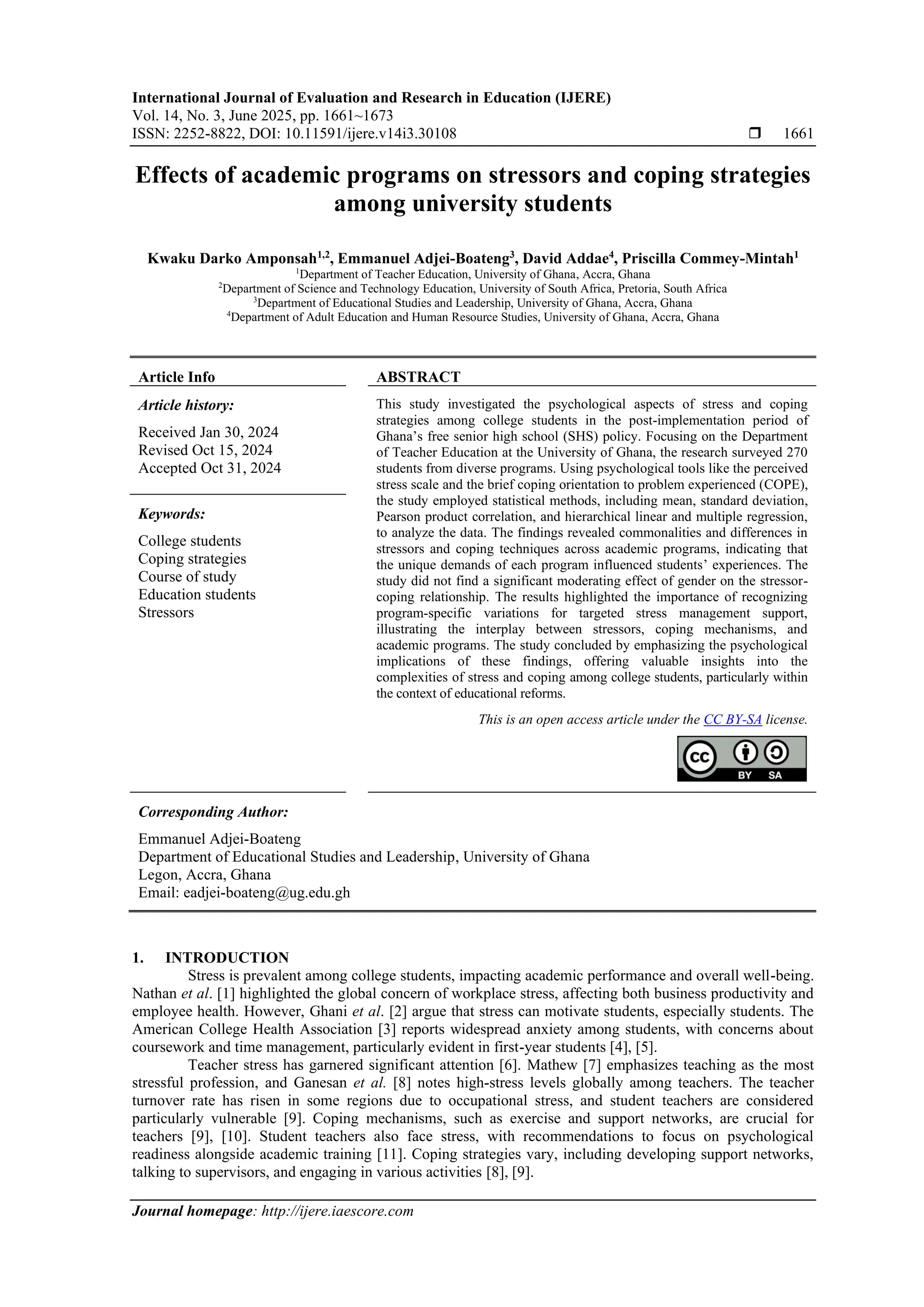 Effects of academic programs on stressors and coping strategies among ...