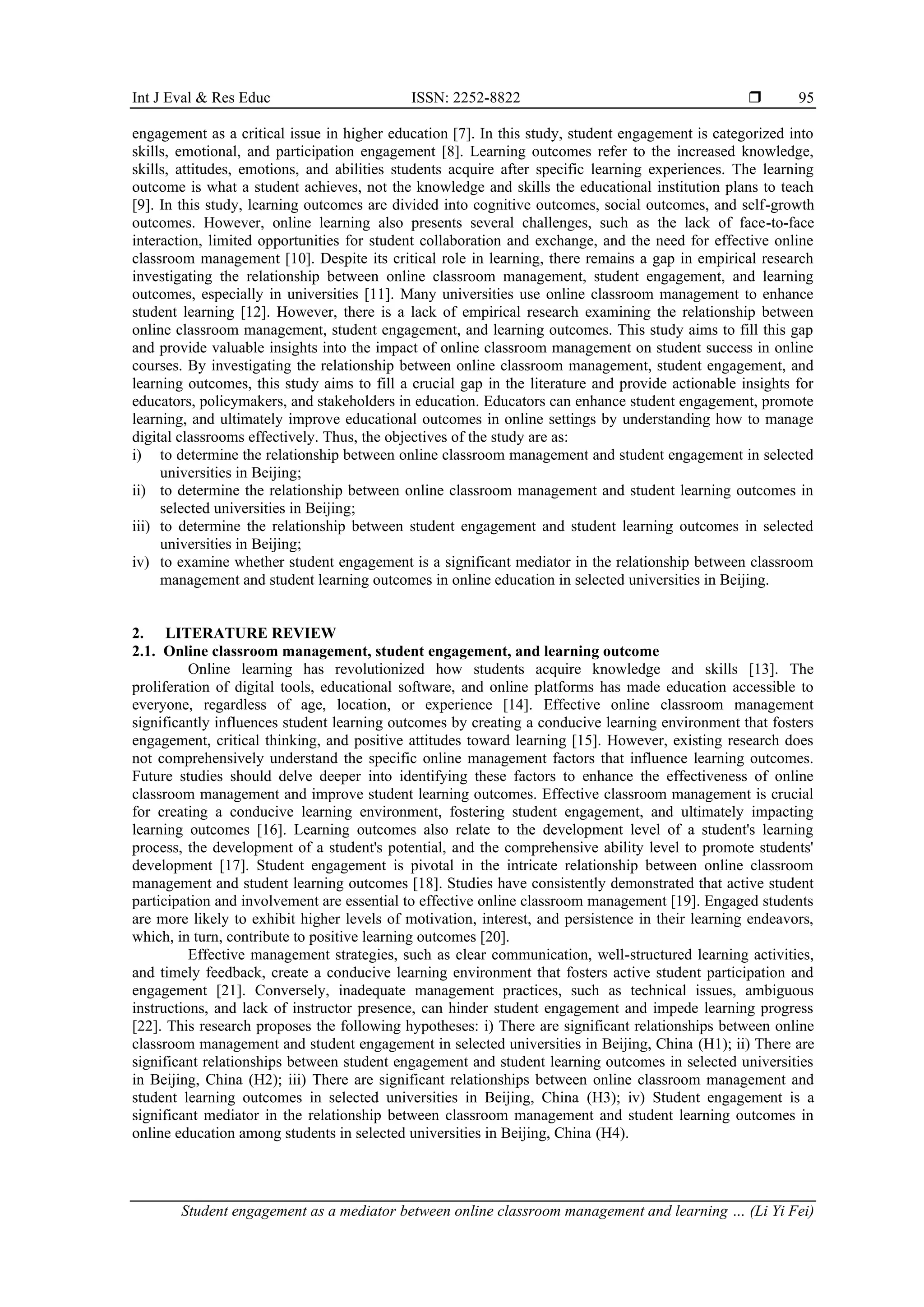 Student engagement as a mediator between online classroom management and learning outcomes in ...