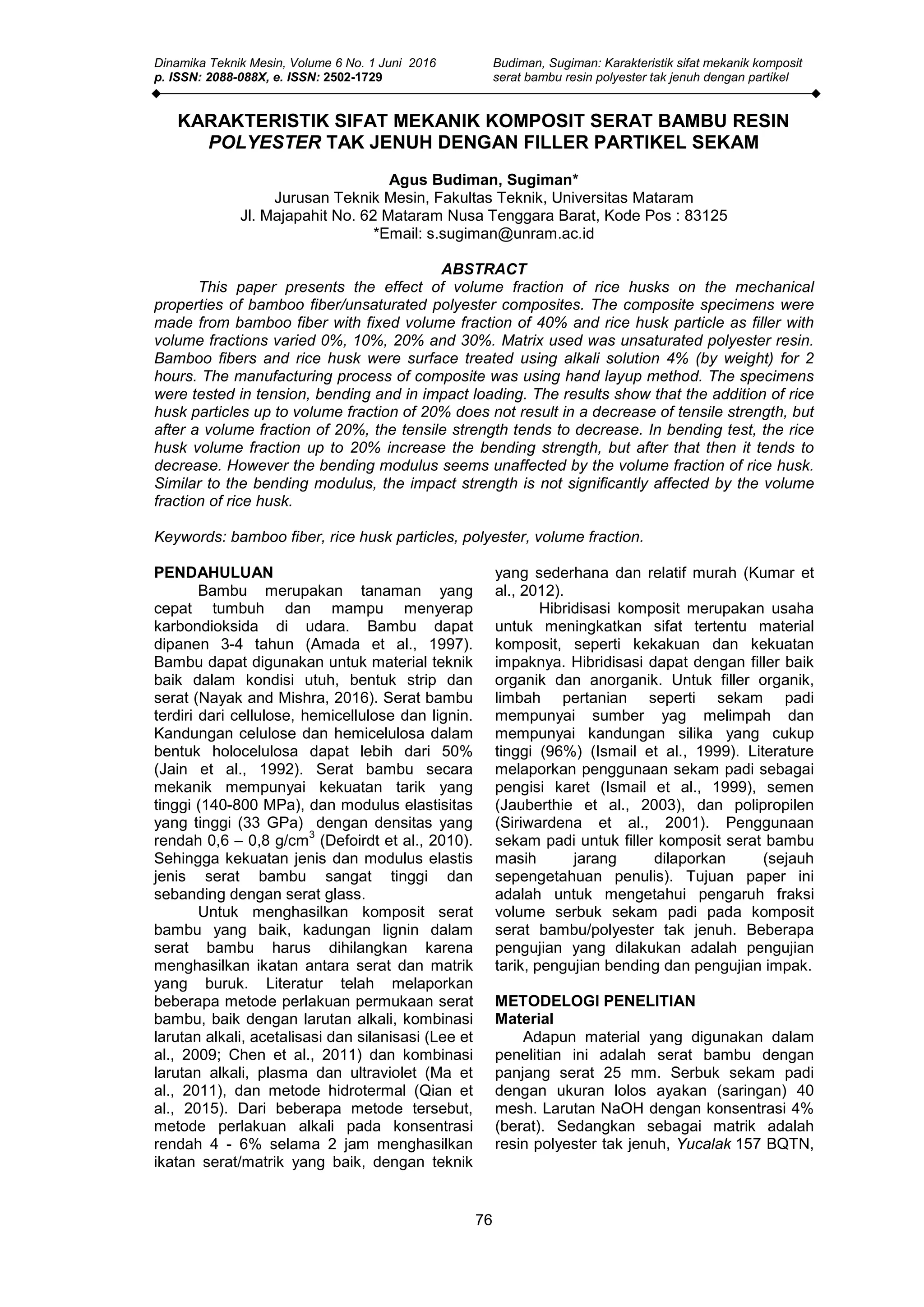10 karakteristik sifat mekanik komposit serat bambu resin polyester tak jenuh dengan filler ...