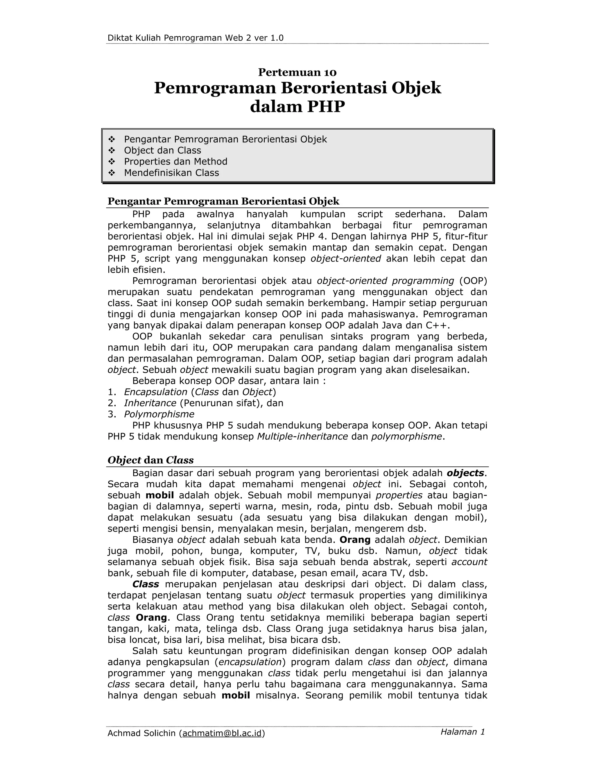 10 pemrograman berorientasi objek di php | PDF