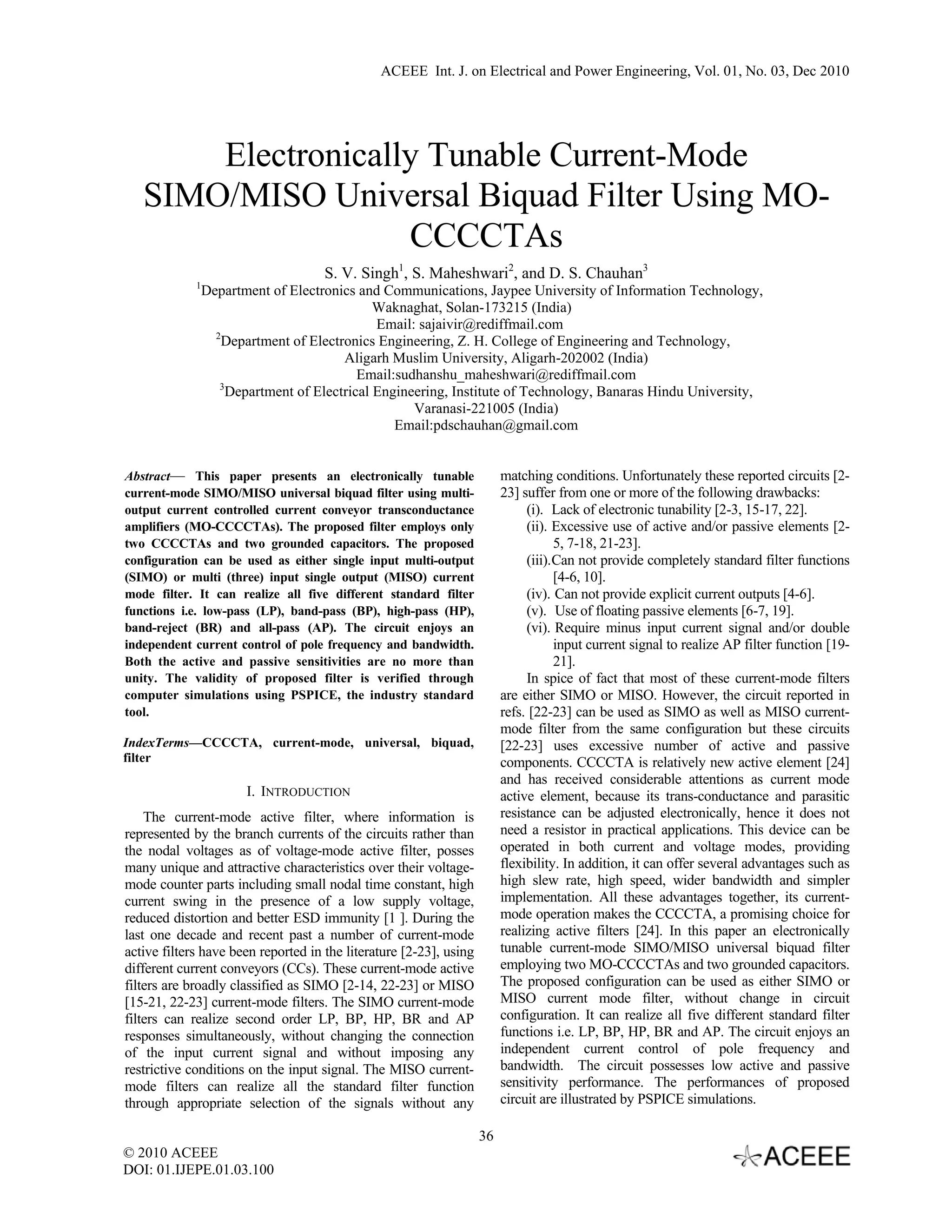 Electronically Tunable Current-Mode SIMO/MISO Universal Biquad Filter Using MOCCCCTAs | PDF