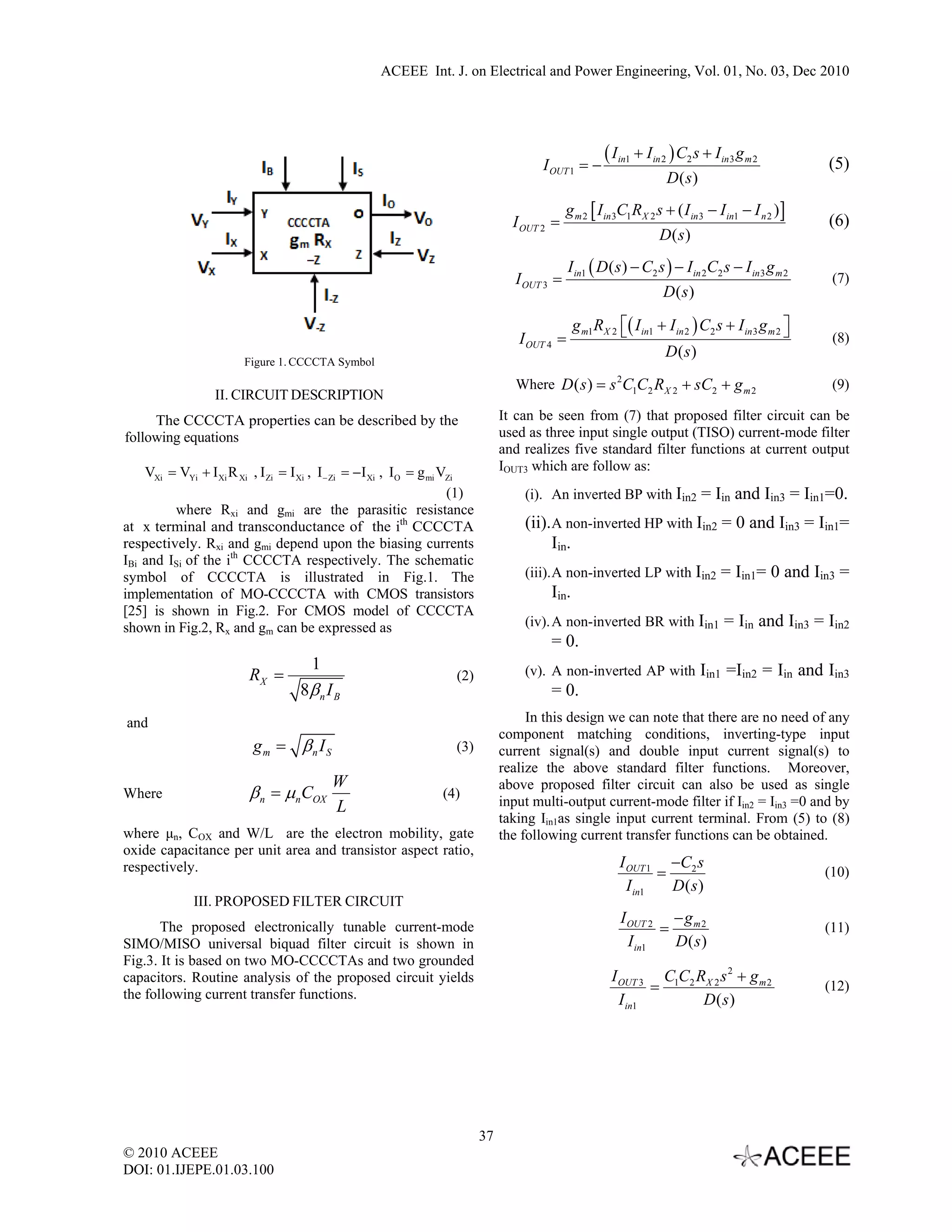 Electronically Tunable Current-Mode SIMO/MISO Universal Biquad Filter Using MOCCCCTAs | PDF