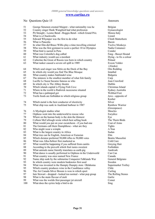 10000 general knowledge quiz questions & answers | PDF