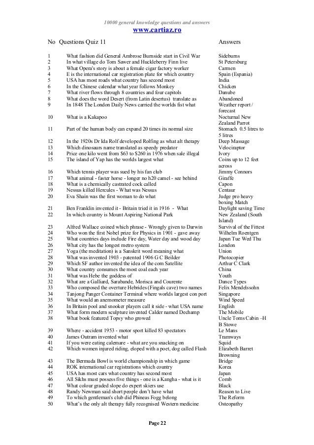 10000 General Knowledge Quiz Questions And Answers