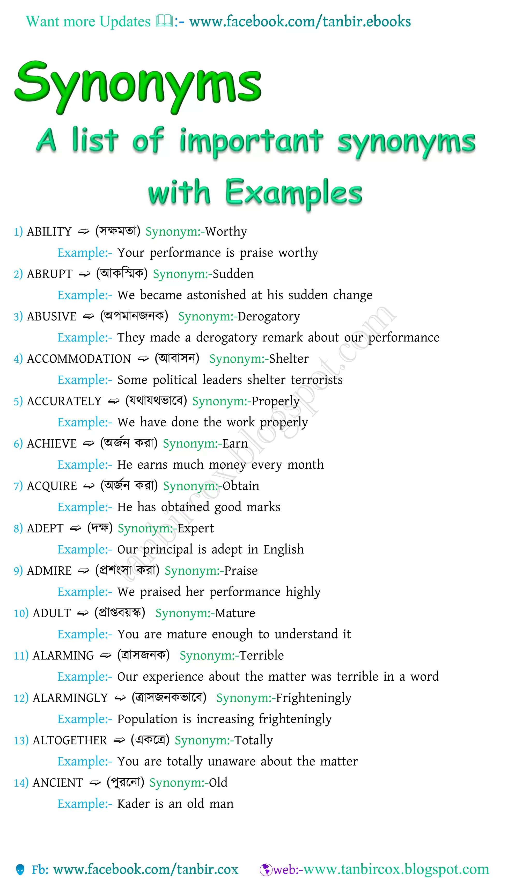 Vocabulary with bengali meanings,1000-synonyms & antonyms | PDF
