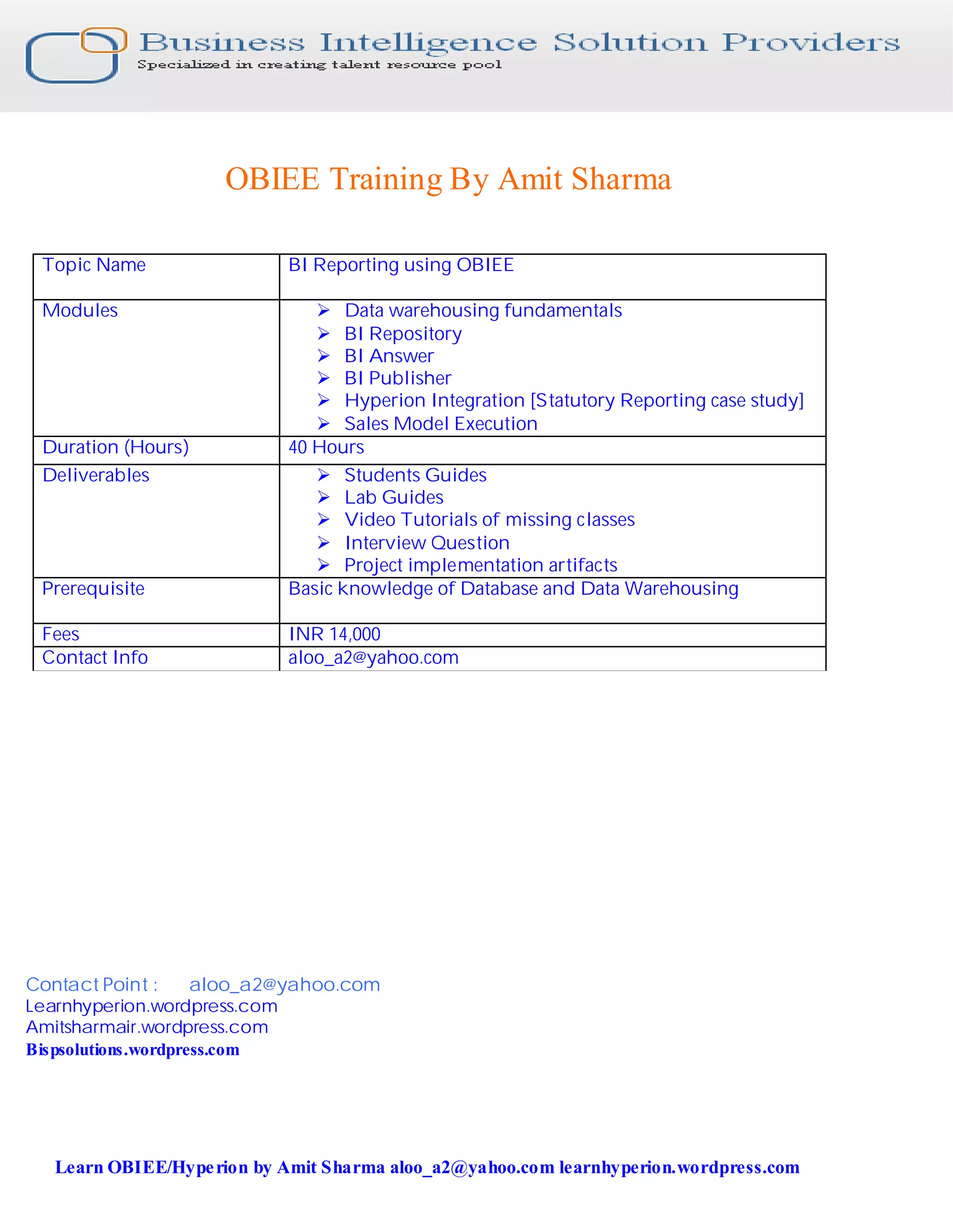 OBIEE Course Contents | PDF