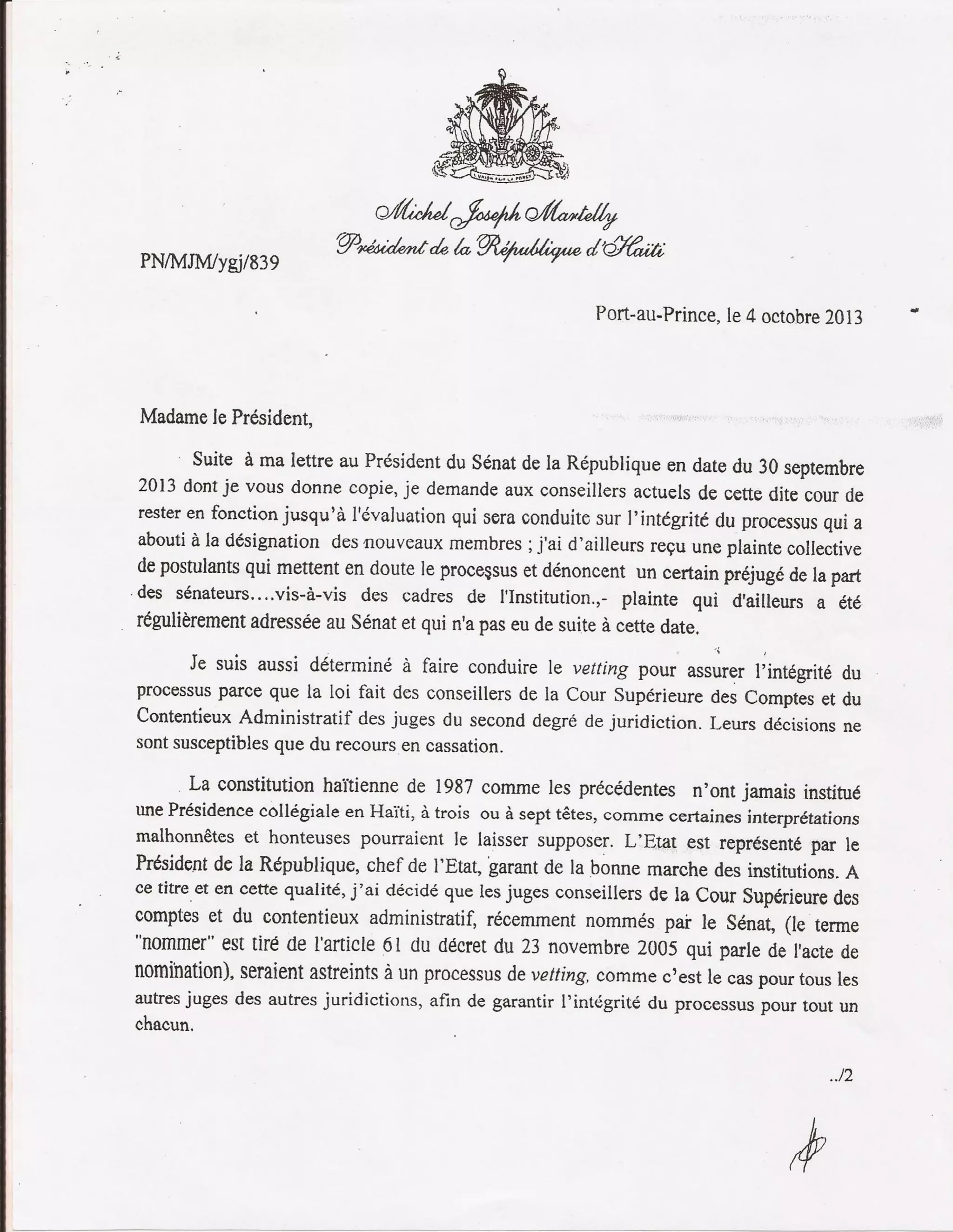 Letter Michel Martelly to CSCCA | PDF