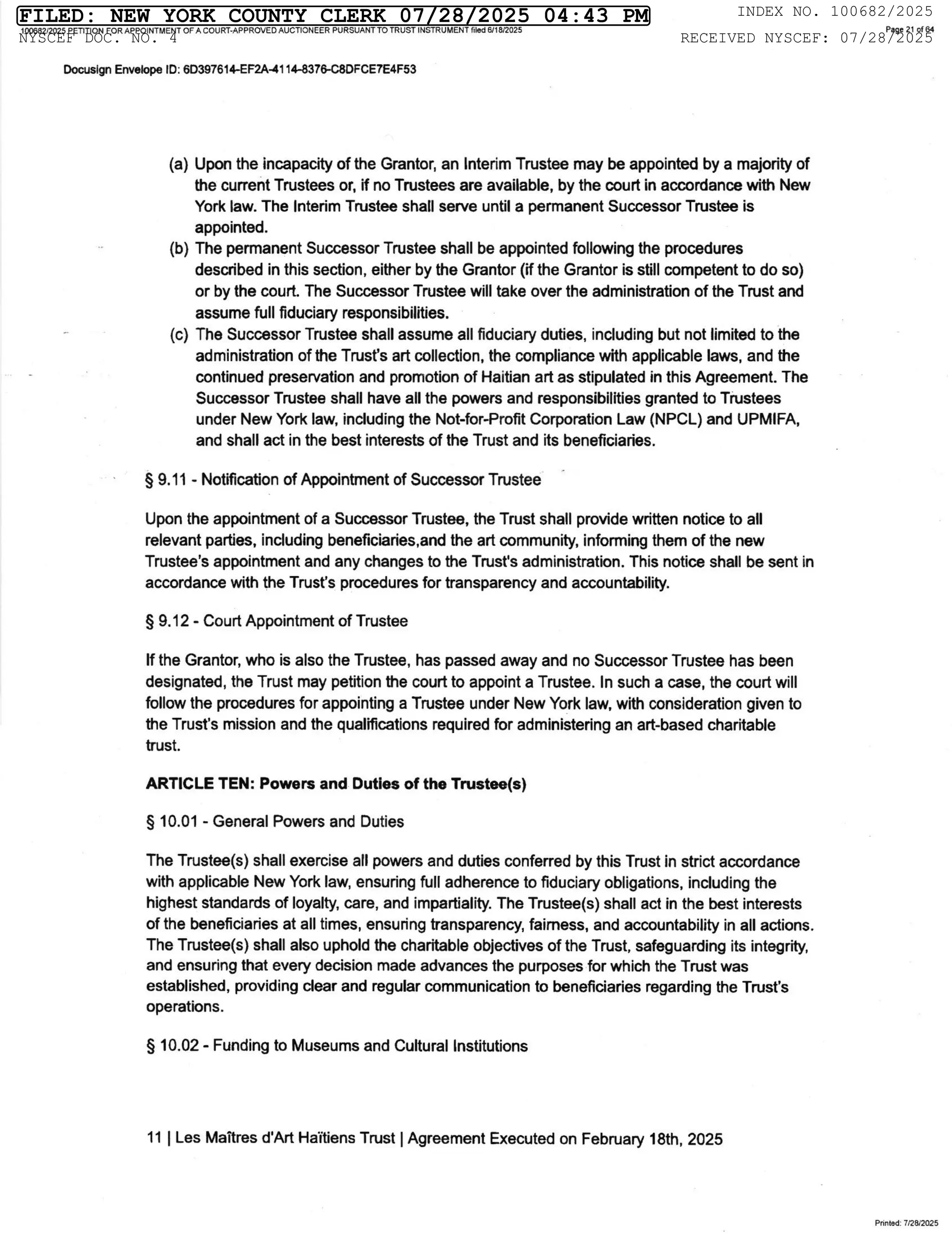 Petition and Trust Agreement — Appointment of Court-Approved Fiduciary ...