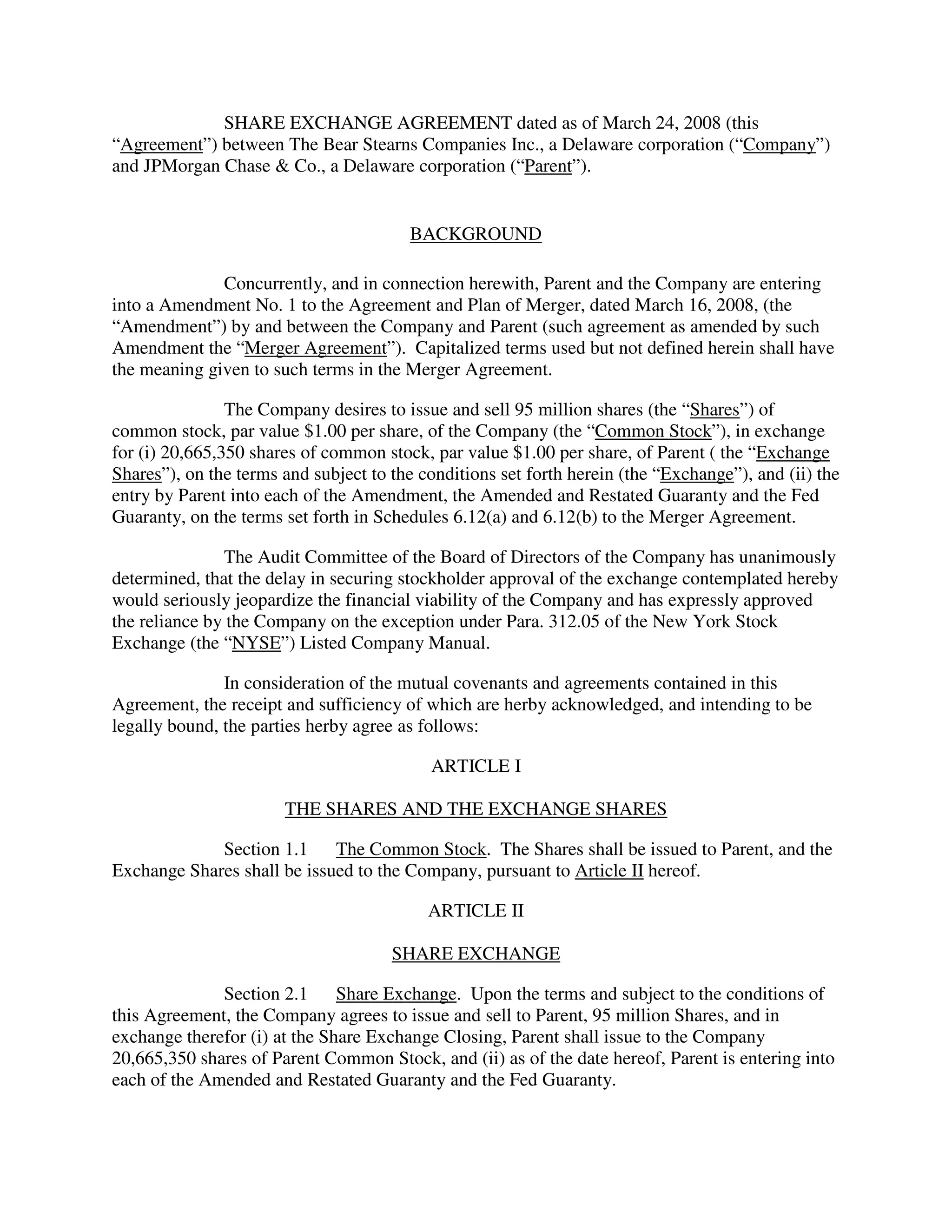 JPMorgan Chase Share Exchange Agreement 3-24-08 | PDF