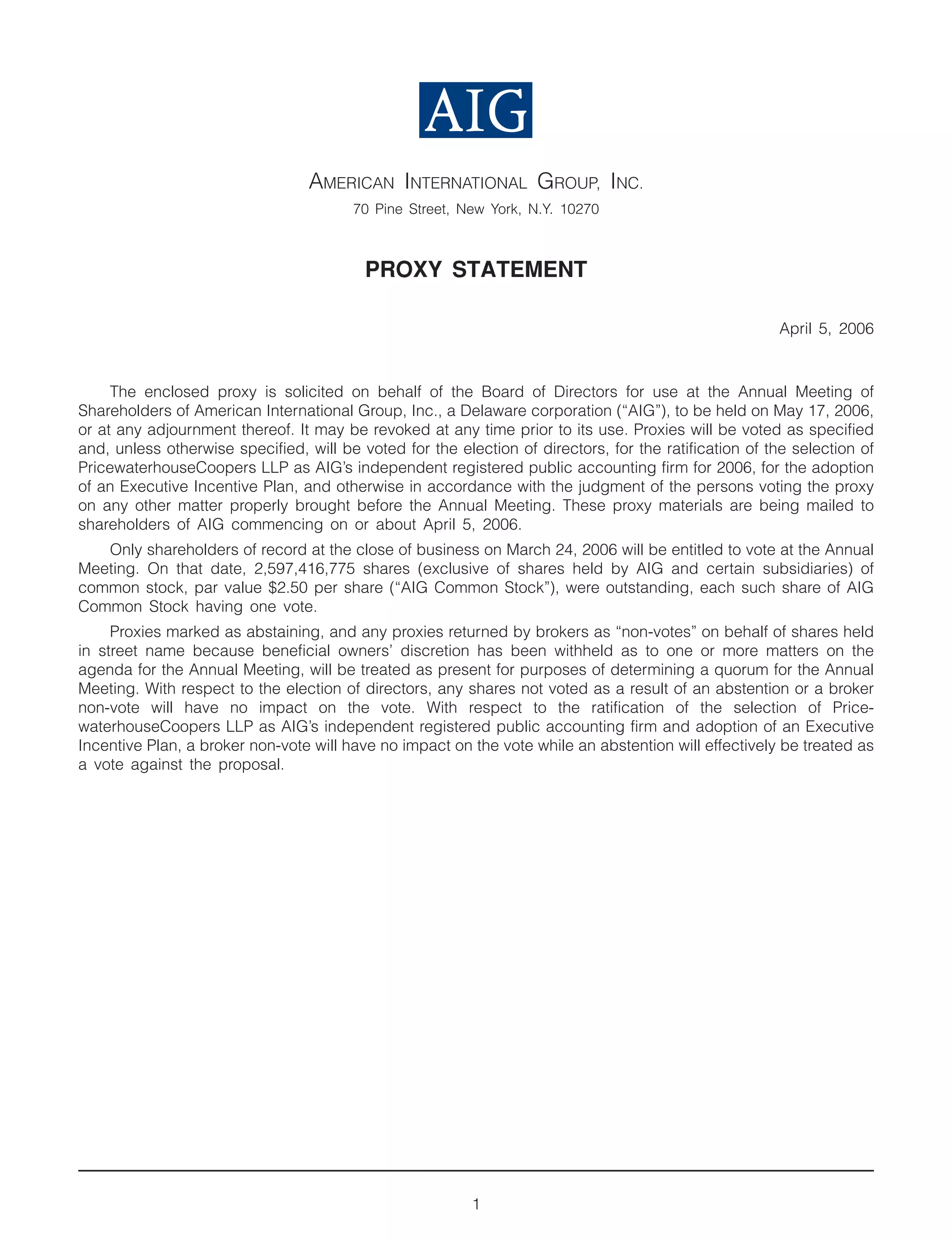 AIG Annual Reports and Proxy Statements 2006 Proxy Statement | PDF